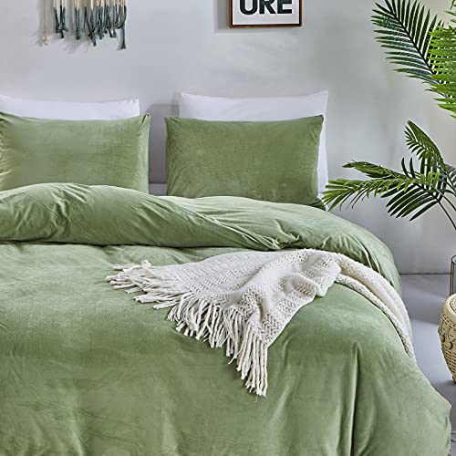 Luxlovery Sage Green Flannel Duvet Cover Set Queen Velvet Fluffy Bedding Cover Sets Light Green Soft Warm Comfy 3 Piece Bedding Cover Set with 2 Pillowcases