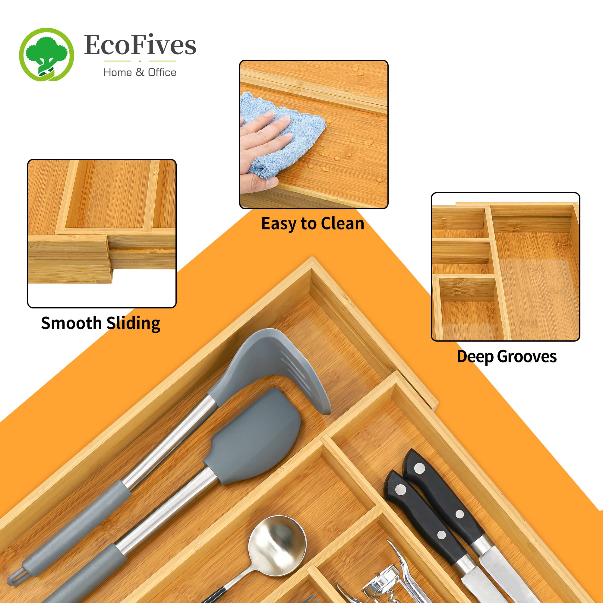 EcoFives Bamboo Kitchen Drawer Organizer - Silverware Organizer - Utensil Holder and Cutlery Tray with Grooved Drawer Dividers for Flatware and Kitchen Utensils (8 Slot)