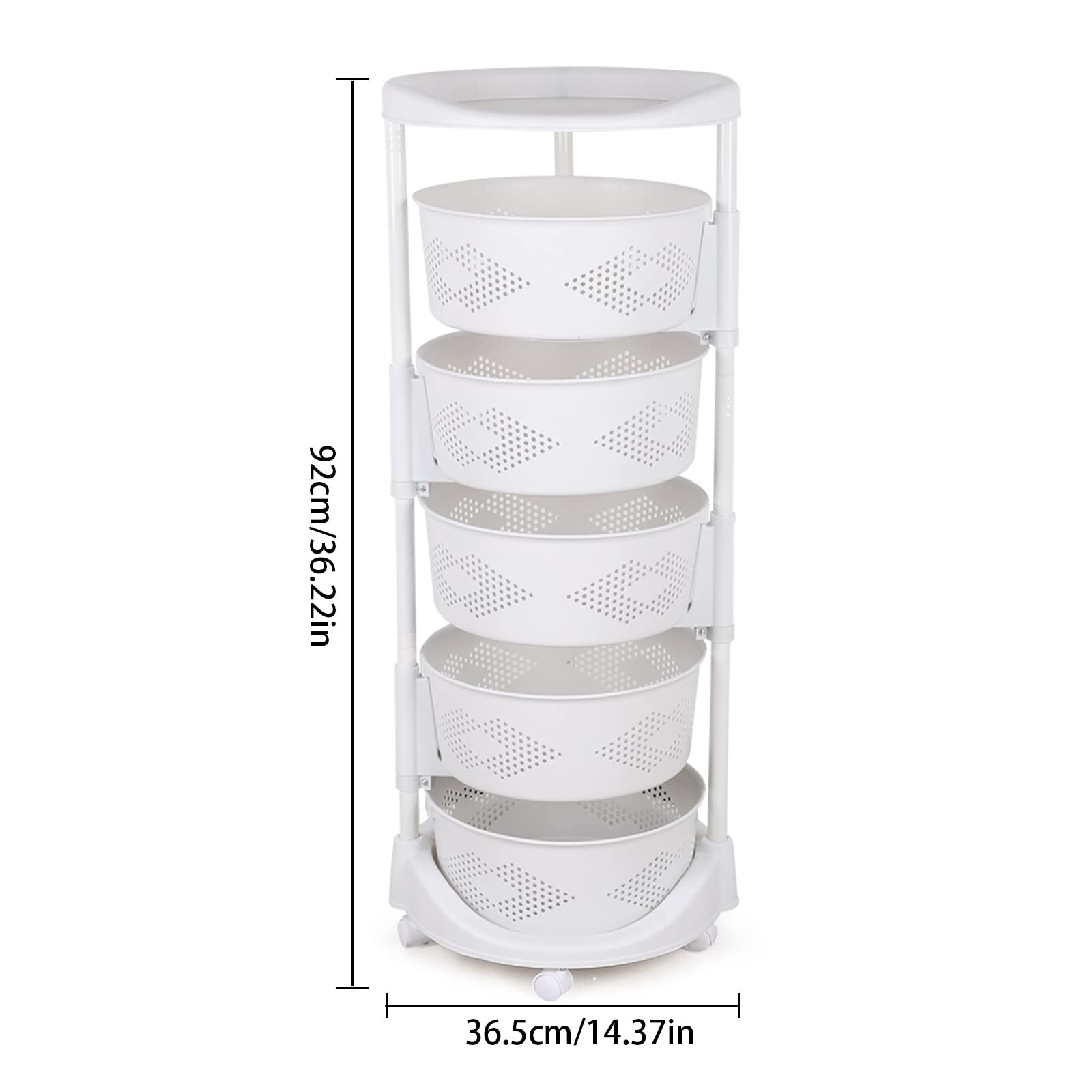 LGXSHOP 5 Tier Swivel Storage Rack, Vegetable Storage Rack, Storage Rack with Lockable Casters and Detachable Storage Basket, Kitchen Bathroom Living Room Dining Room Freestanding Organizer (White)