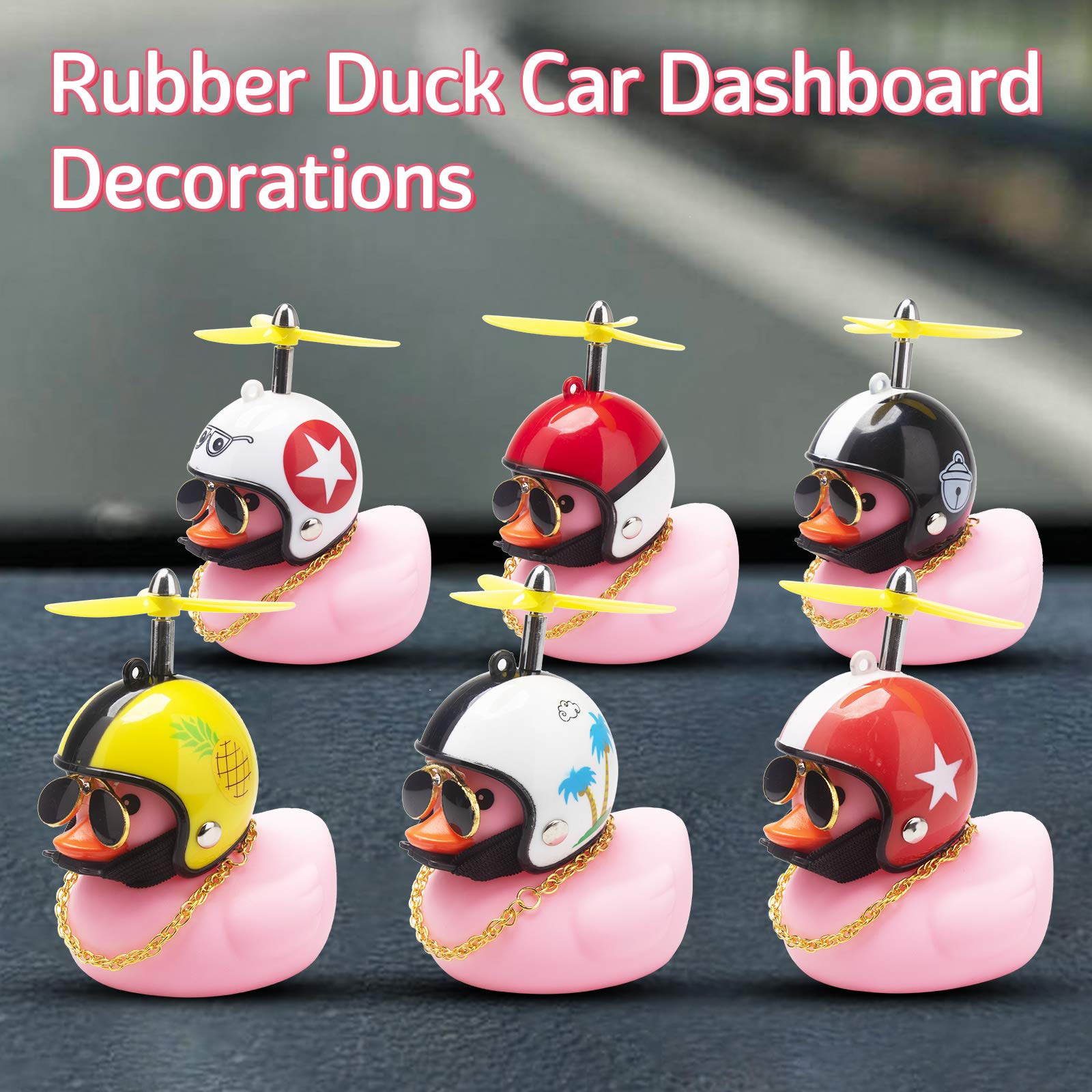 wonuu Pink Duck Car Dashboard Decorations Rubber Duck Car Ornaments Cool Duck with Propeller Helmet Sunglasses Gold Chain (Pink Hat White Star)