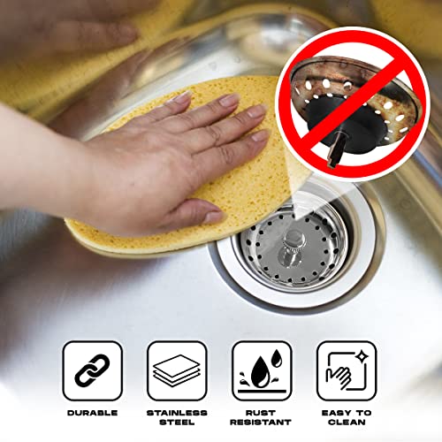 Highcraft FAUC97333-2 Kitchen Sink Basket Strainer Replacement for Standard Drains (3-1/2 Inch) Chrome Plated Stainless Steel Body With Rubber Stopper, Pack Of 2