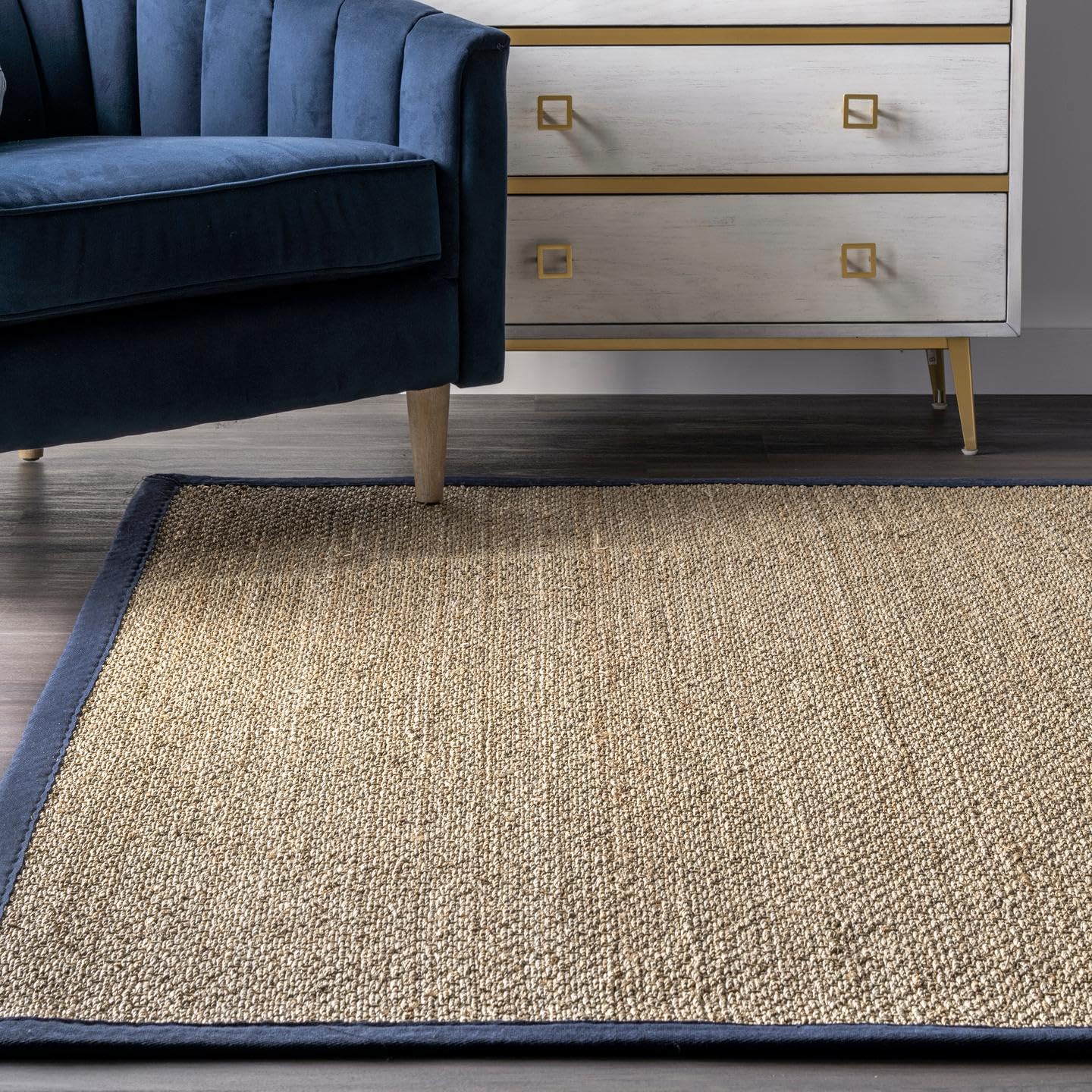 nuLOOM 4x6 Elijah Seagrass Area Rug, Navy, Solid Farmhouse Style, Cotton Bordered, Basketweave, Natural Fiber, For Bedroom, Dining Room, Living Room, Hallway, Office, Kitchen, Entryway