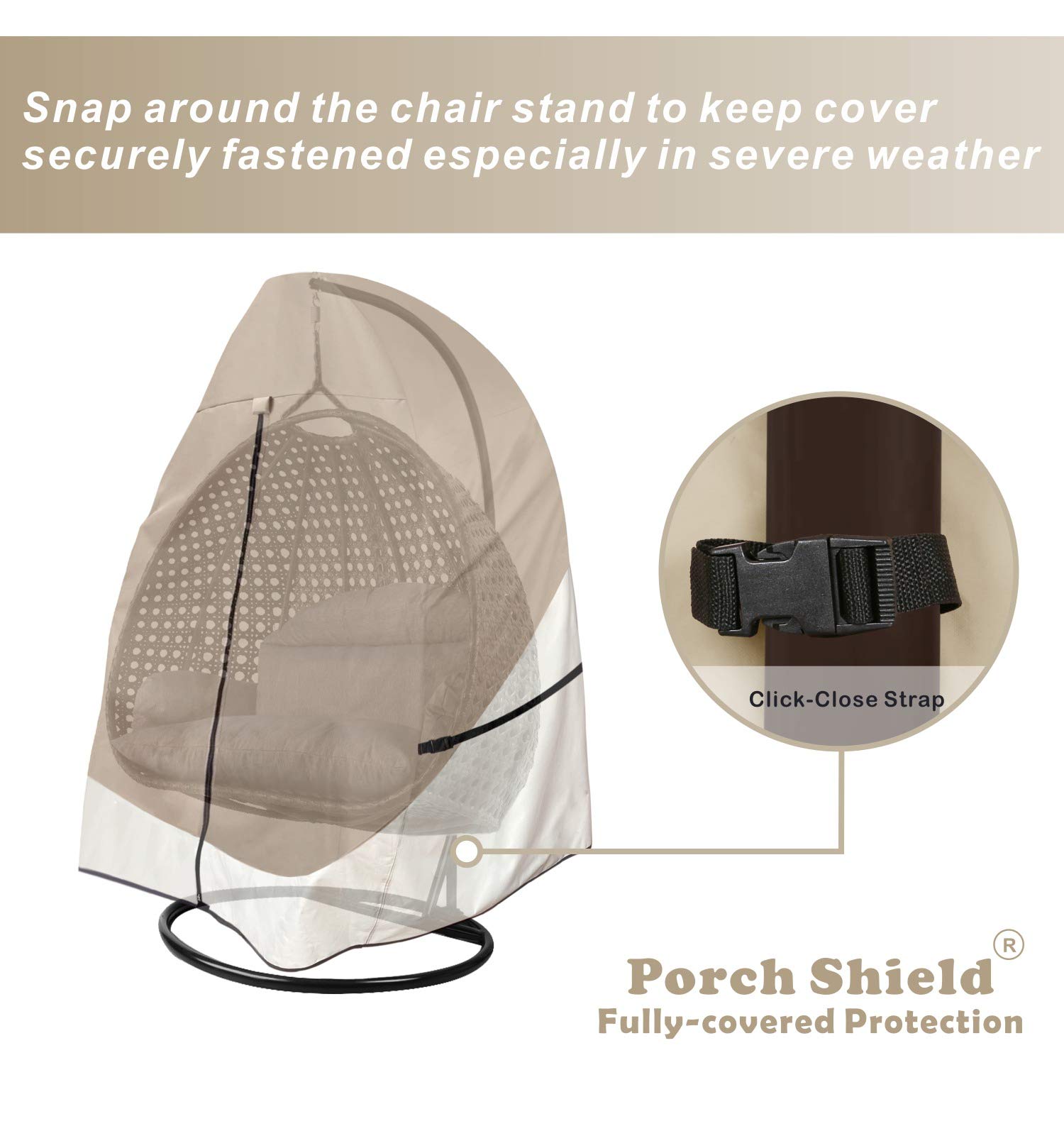 Porch Shield Patio Hanging Egg Chair Cover - 600D Waterproof Outdoor Double Seat Wicker Swing Egg Chair with Stand Protector, Light Tan & Khaki