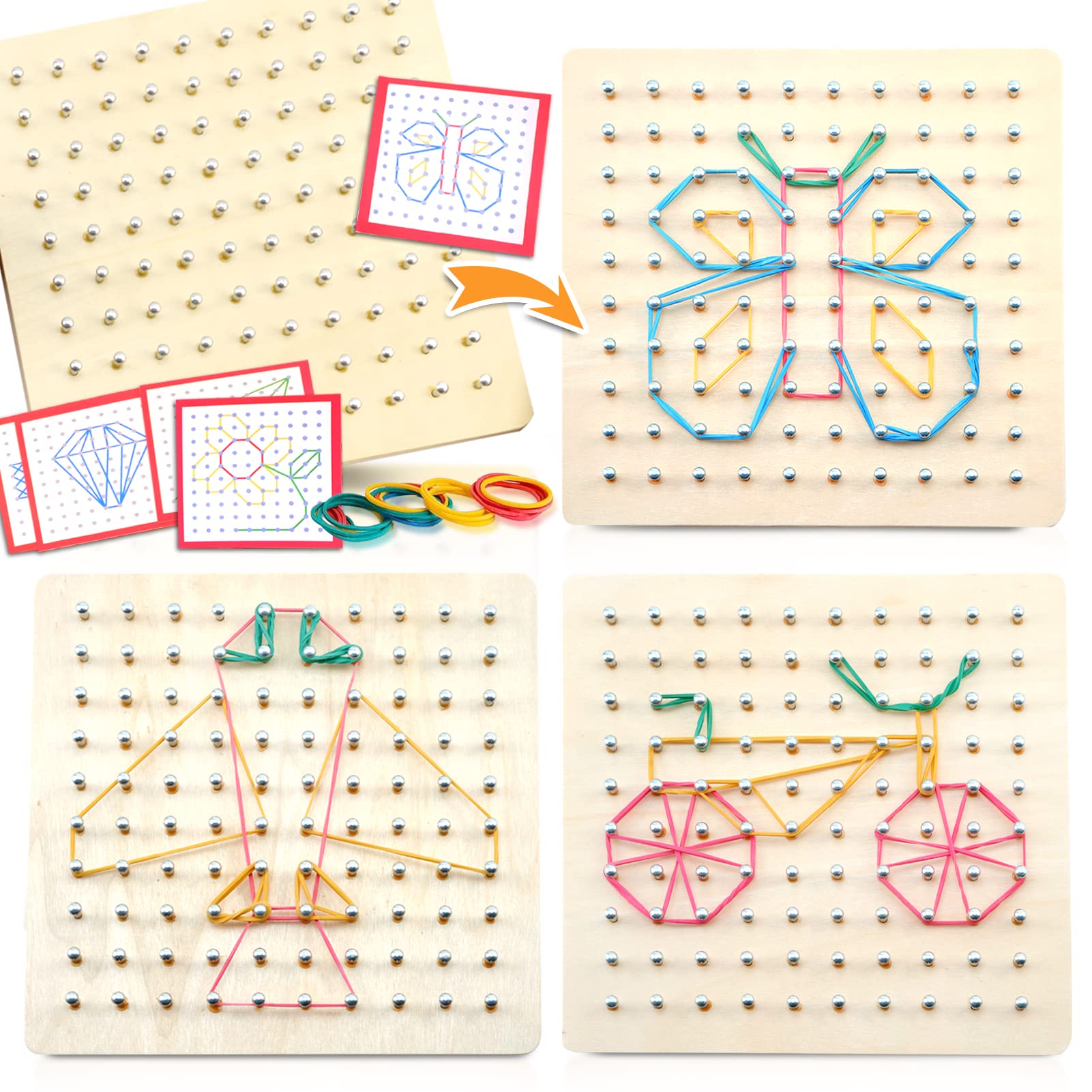 Wood GeoBoard - Geo board 10 x 10 Graphical Educational Mathematics Material with Rubber Tie and Cards, Preschool Kids Mathematical Brain Teasers, Early Learning Development DIY Toy for Toddler