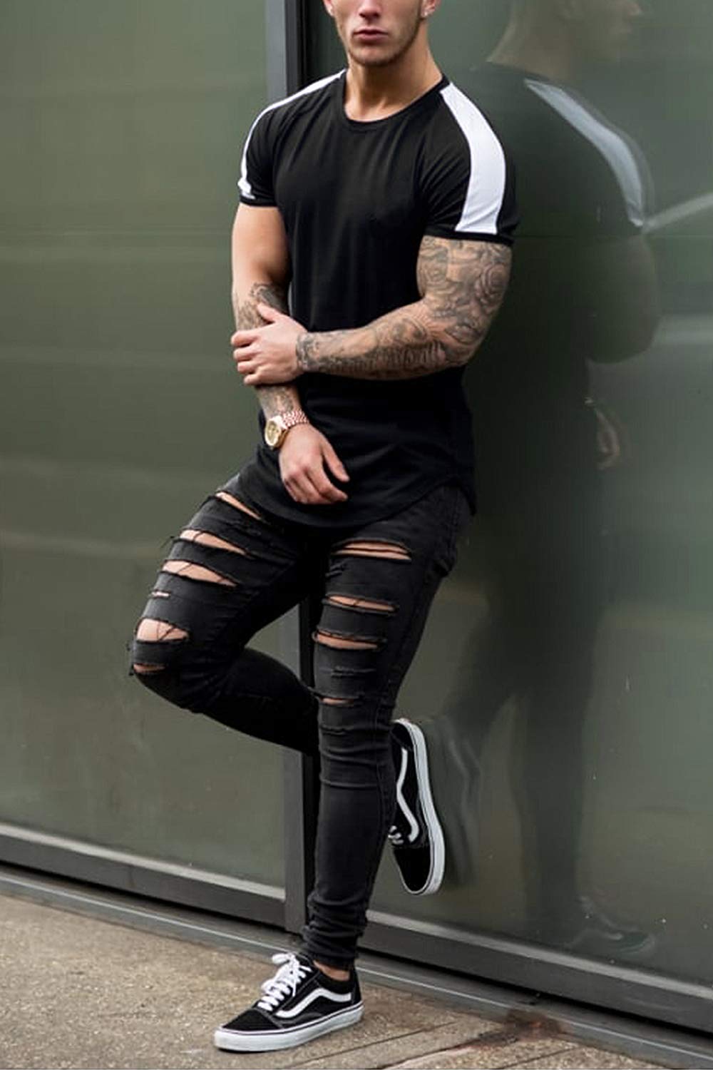 COOFANDY Men's Bodybuilding Muscle Raglan Short Sleeve Tee Slim Fit Gym T-Shirts Black M
