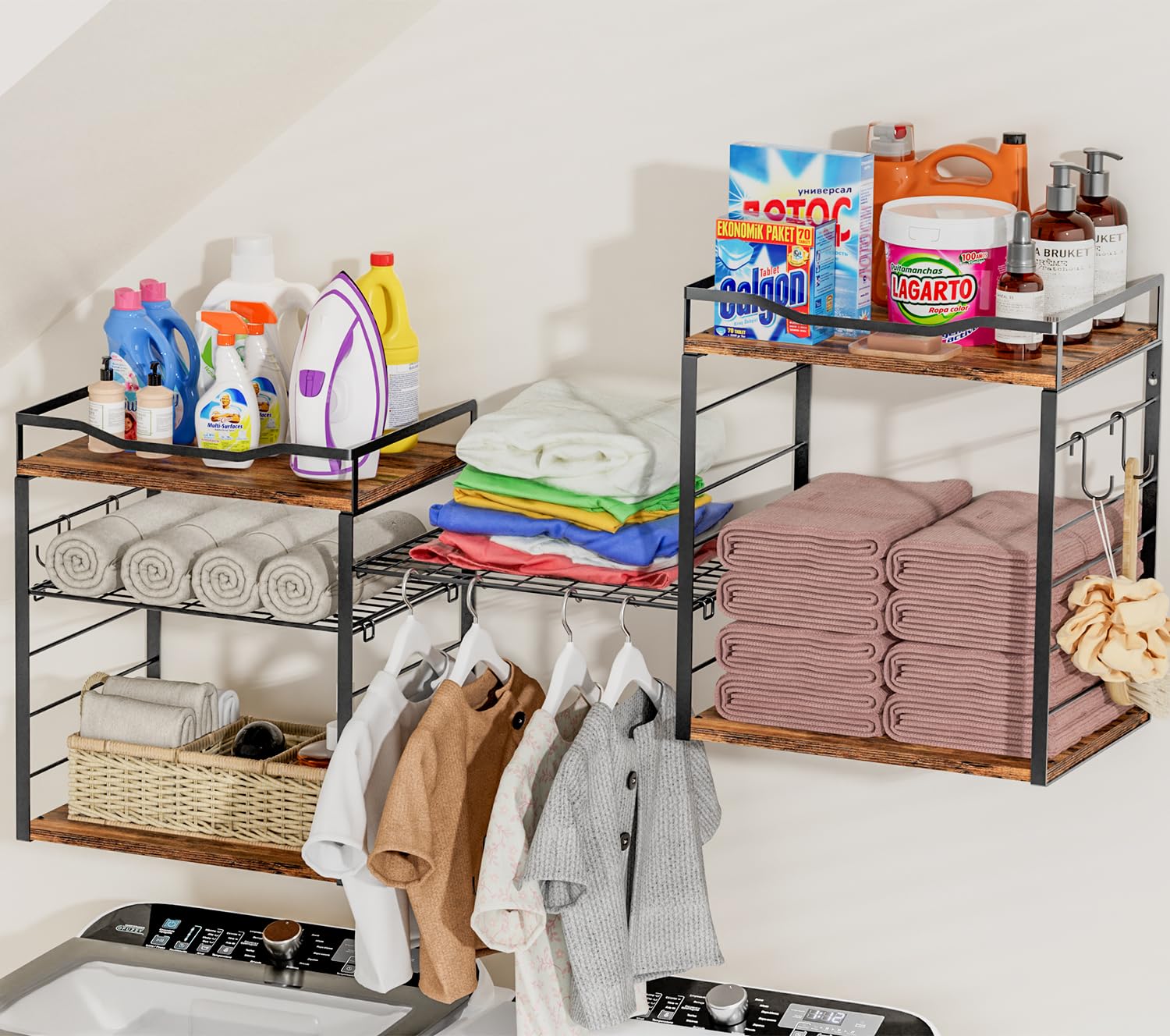 LIDTOP 2 Pack Laundry Room Shelves for Wall Mounted with Metal Baskets, Laundry Shelves Over Washer and Dryer Shelf, 3 Tier Organization and Storage Shelves for Laundry Bathroom Kitchen, 8 Hooks