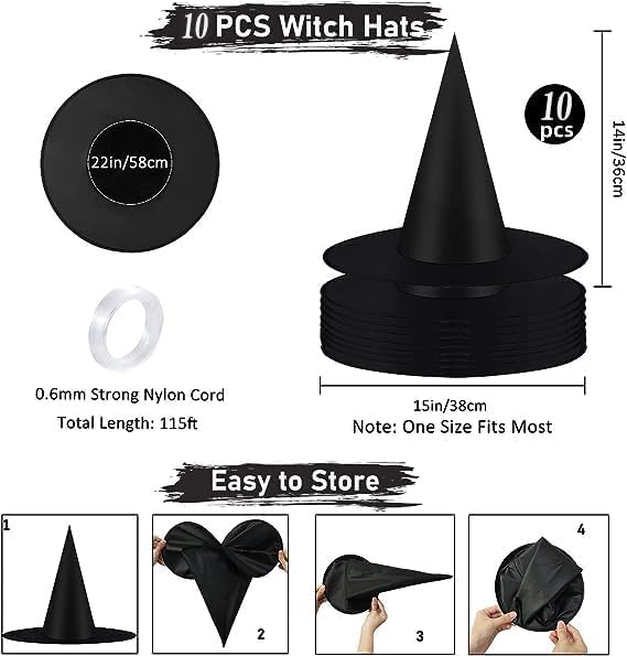LANLV Halloween Costume Witch Hat Set - 10 Pieces Black Witches Hats with 100 Yards Hanging Rope for Party Yard Decoration