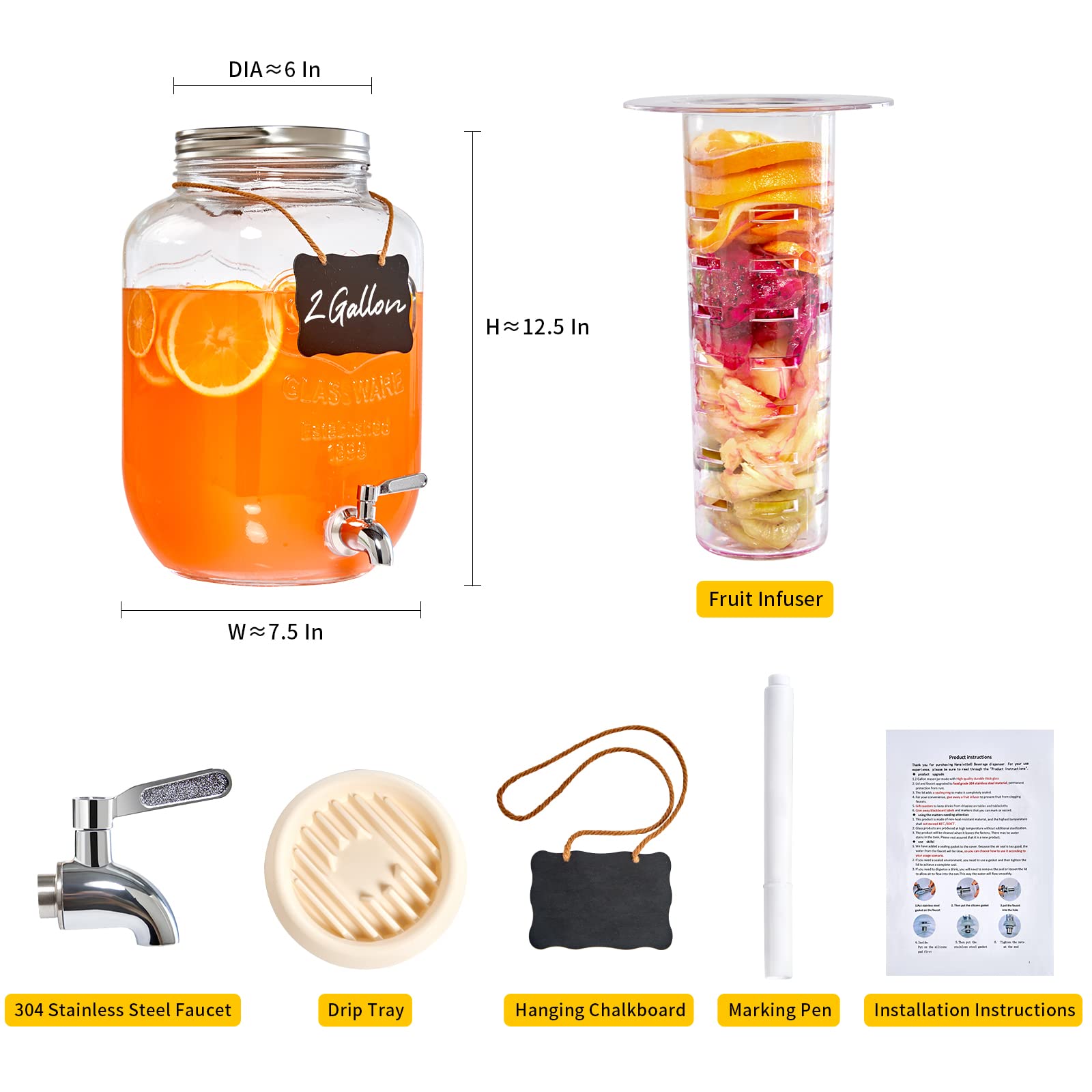Hanaiette 2 Gallon Glass Beverage Dispenser for Parties, Leak-proof 304 Stainless Steel Spigot & Lid, Drink Dispensers Jar with Fruit Infuser, Suitable to Make Sun Tea, Lemonade, Kombucha et