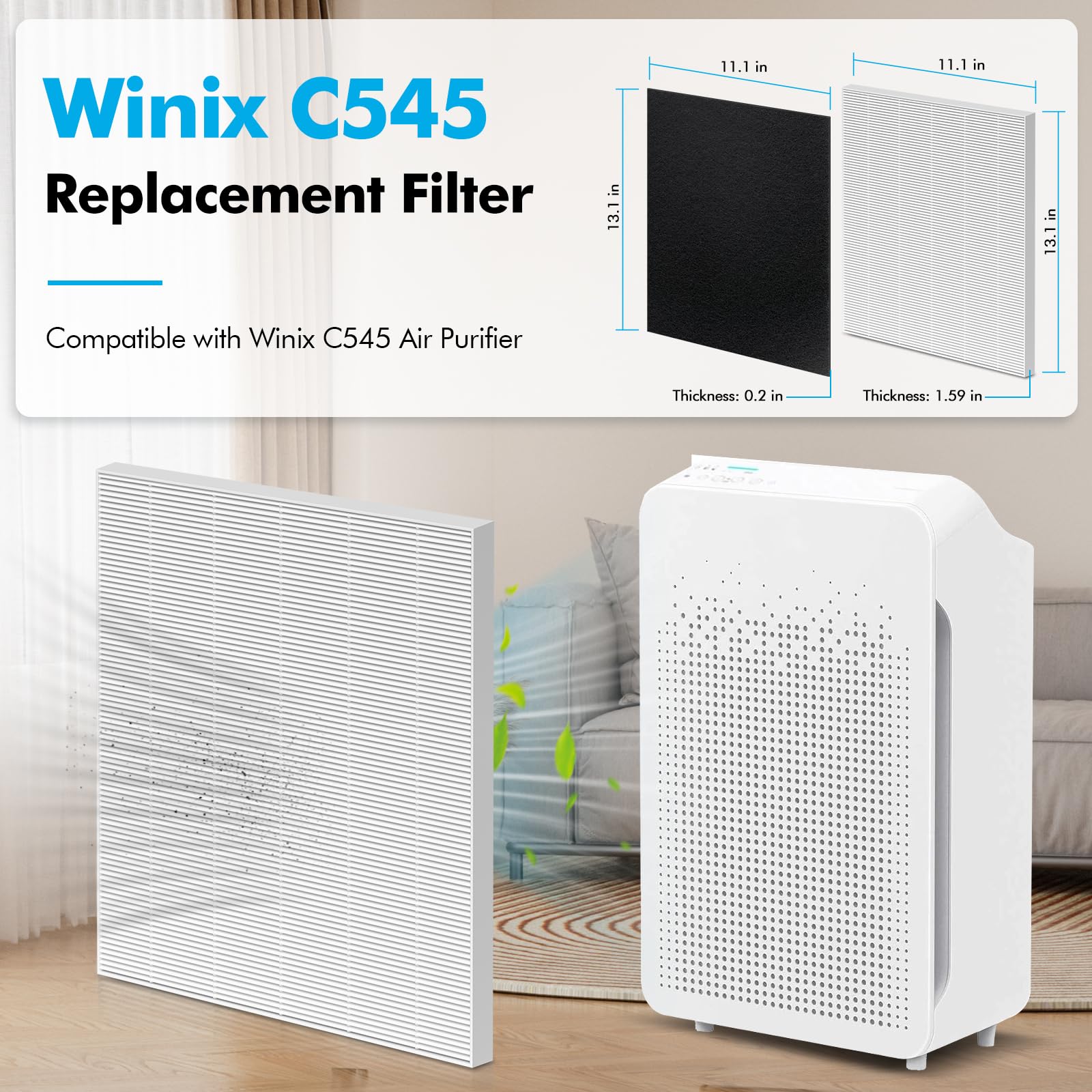 FFAC C545 HEPA Replacement Filter Compatible with Winix C545 Air Purifier, for Winix C545 Replacement Filter, Part# 1712-0096-00 and 2522-0058-00, 2 H13 True HEPA Filter & 8 Activated Carbon Filters