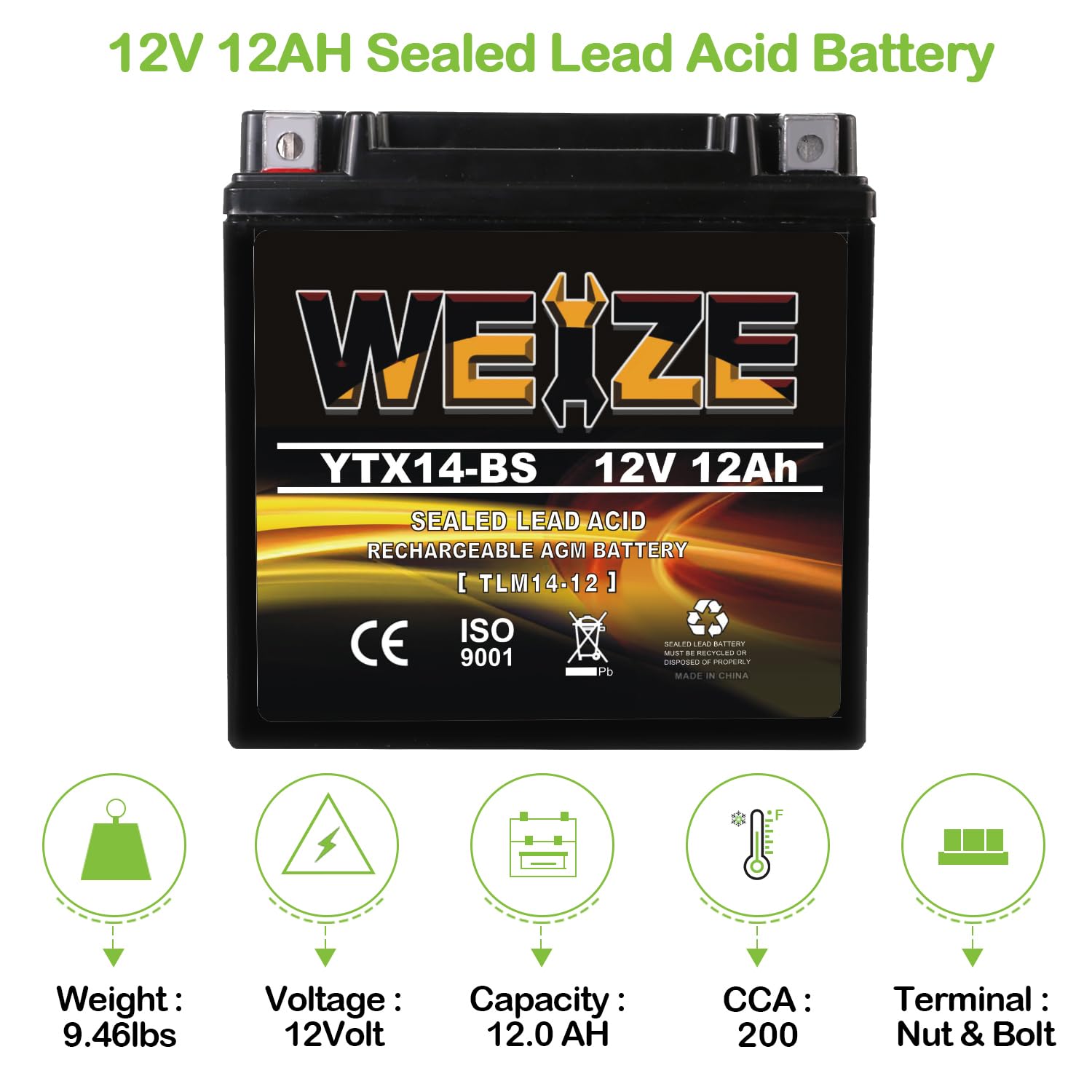 Weize YTX14 BS ATV Battery High Performance - Maintenance Free - Sealed AGM YTX14-BS Motorcycle Battery compatible with Honda Suzuki Kawasaki Yamaha scooter snowmobile