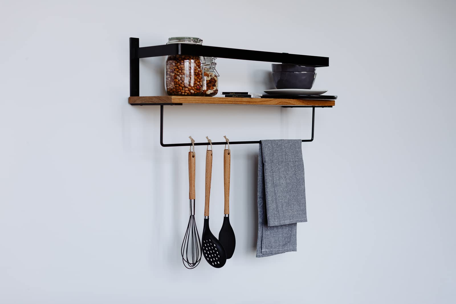 Wood Floating Shelves with Metal Towel Bar, Oak Kitchen Wall Storage Towel Rack, Bathroom Towel Holder, Wall Mounted Steel Towel Rack ETHIMO Bold I