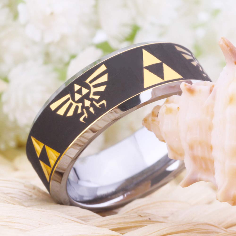 CLOUD DANCER FREE Custom Engraving The Legend of Zelda Ring- Crest and Triforce Ring Gold with Silver Bevel Tungsten Carbide Wedding Ring Engagement Ring (9.5)