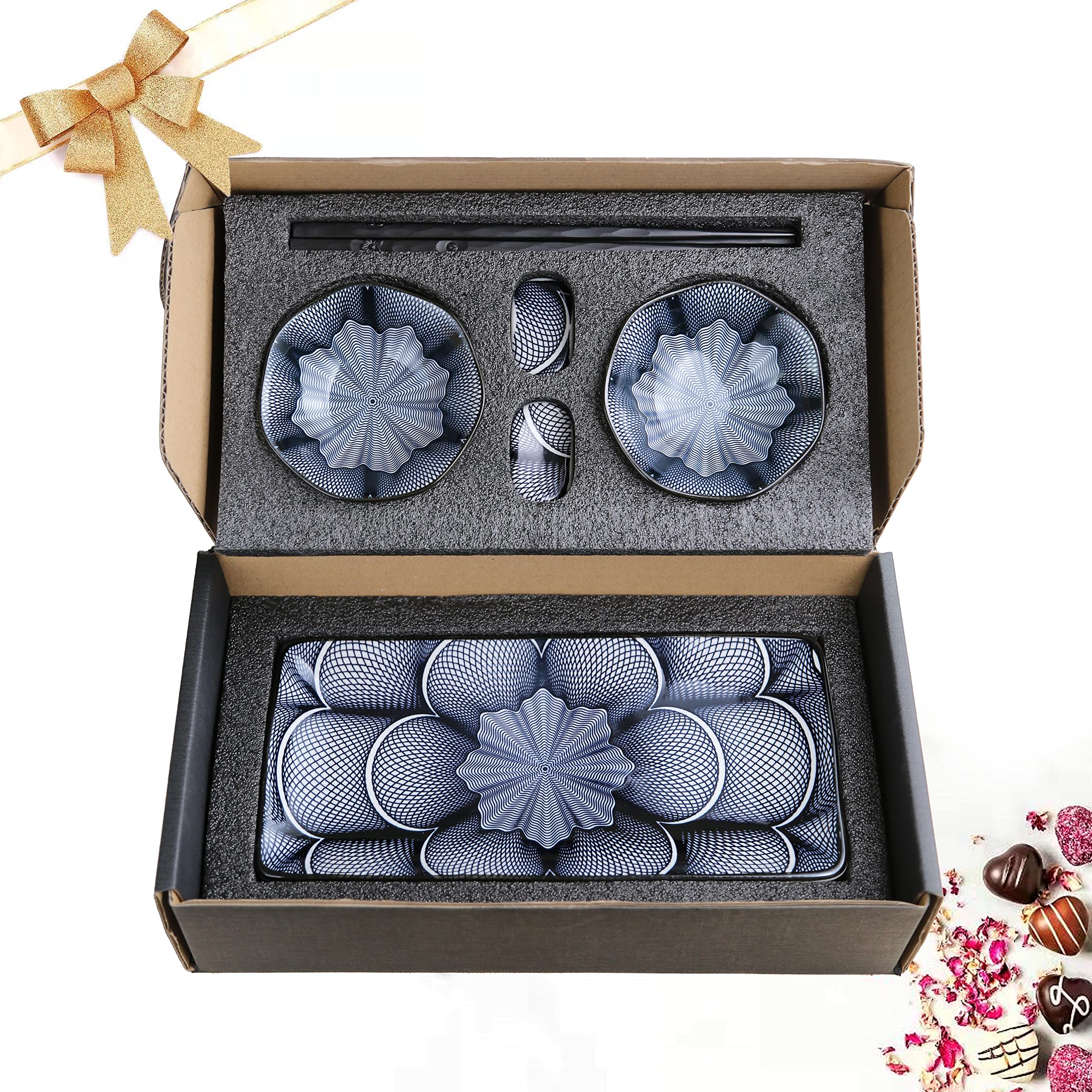 ELUSH 8 Piece Japanese Style Ceramic Sushi Plate Set 10-inch rectangle sushi dishes- 2 Sushi Plates, 2 Sauce Dishes, 2 Pairs of Chopsticks, 2 Chopsticks Holders