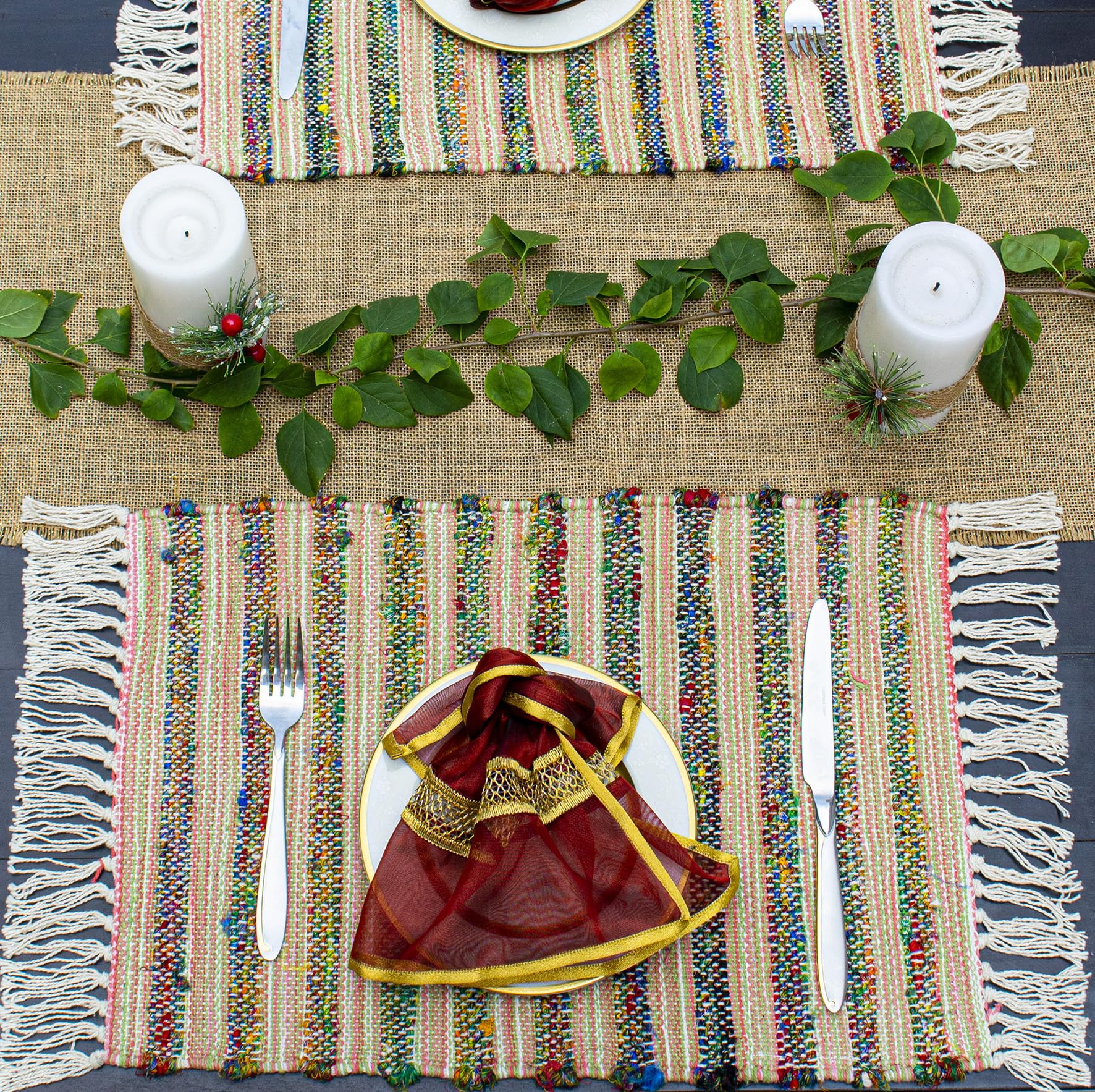 Chardin Home Royal Silk Eco-Friendly Jute & Silk Placemats (Set of 4 mats). Size: 13" X 19". (Multi-Color)