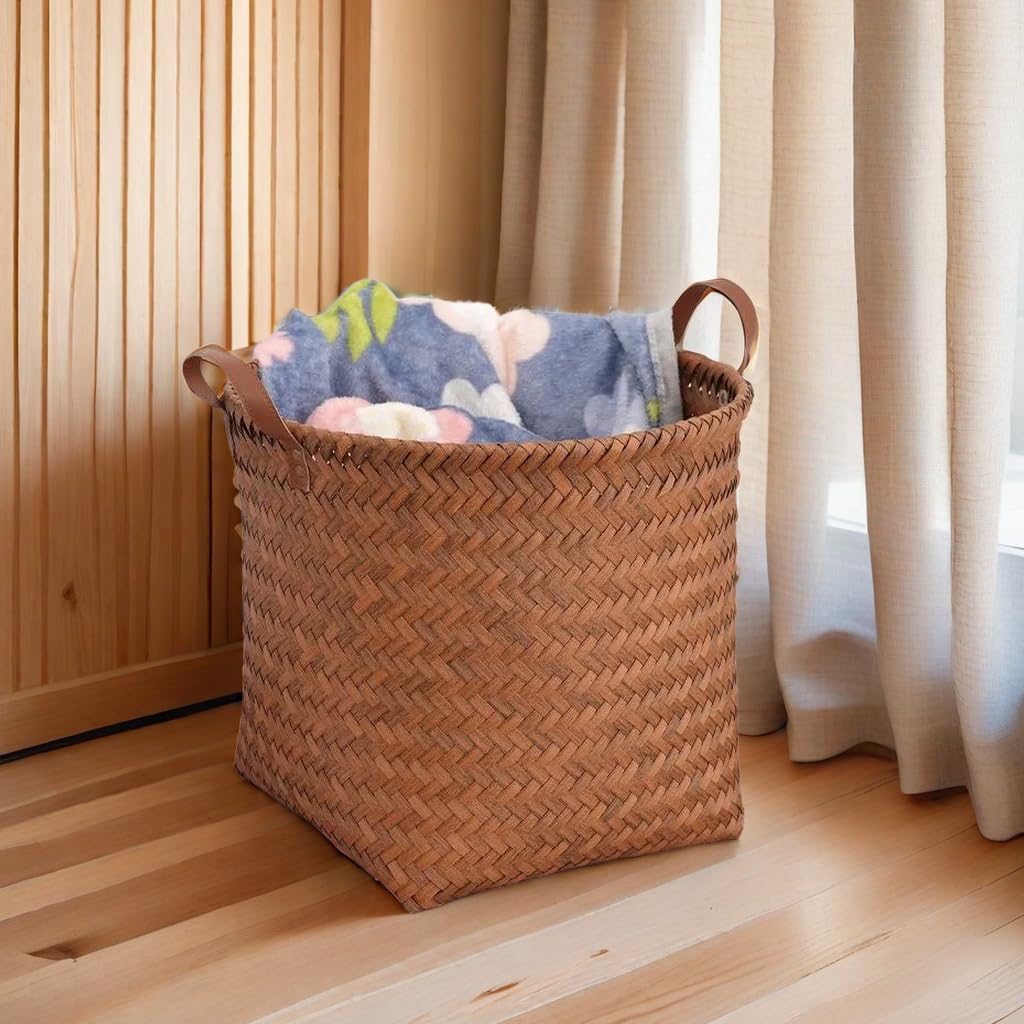 GIB Wicker Cube Storage Bins Baskets with Handles Set of 4, 11x11 Inch Round Woven Baskets for Organizing, Fit 12x12, 13x13 Inch Cube Shelves, Closet, Laundry Organizer, Brown