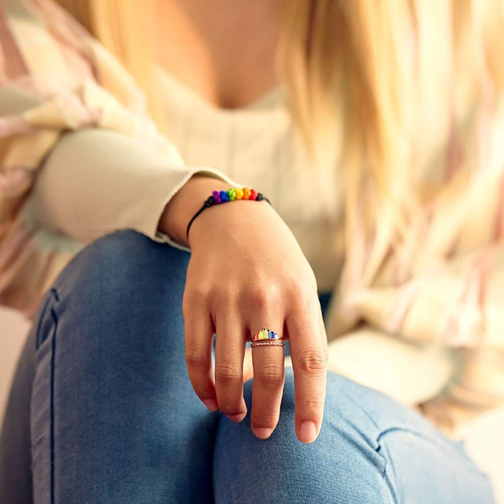 COSTWAY Rainbow Ring Double Band, Adjustable Wide Band Stacking Rainbow Rings for Women, Adjustable Opening Valentines Day jewelry