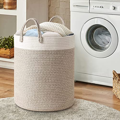 MXMHOME Large Laundry Hamper, 20" X 15" X 15" Tall Woven Rope Storage Basket for Blanket, Cotton Rope Basket Laundry Hamper for Clothes, Toys, Dirty Clothes, Soft Baby Hamper for Nursery, 58L, Brown