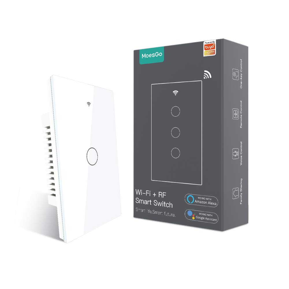 MoesGo 2nd Generation WiFi RF433 Smart Touch Wall Single Fire Smart Switch,No Neutral Wire Needed,Compatible with Smart Life/Tuya App, Works with Alexa and Google Home Single Pole 110V White 1 Gang