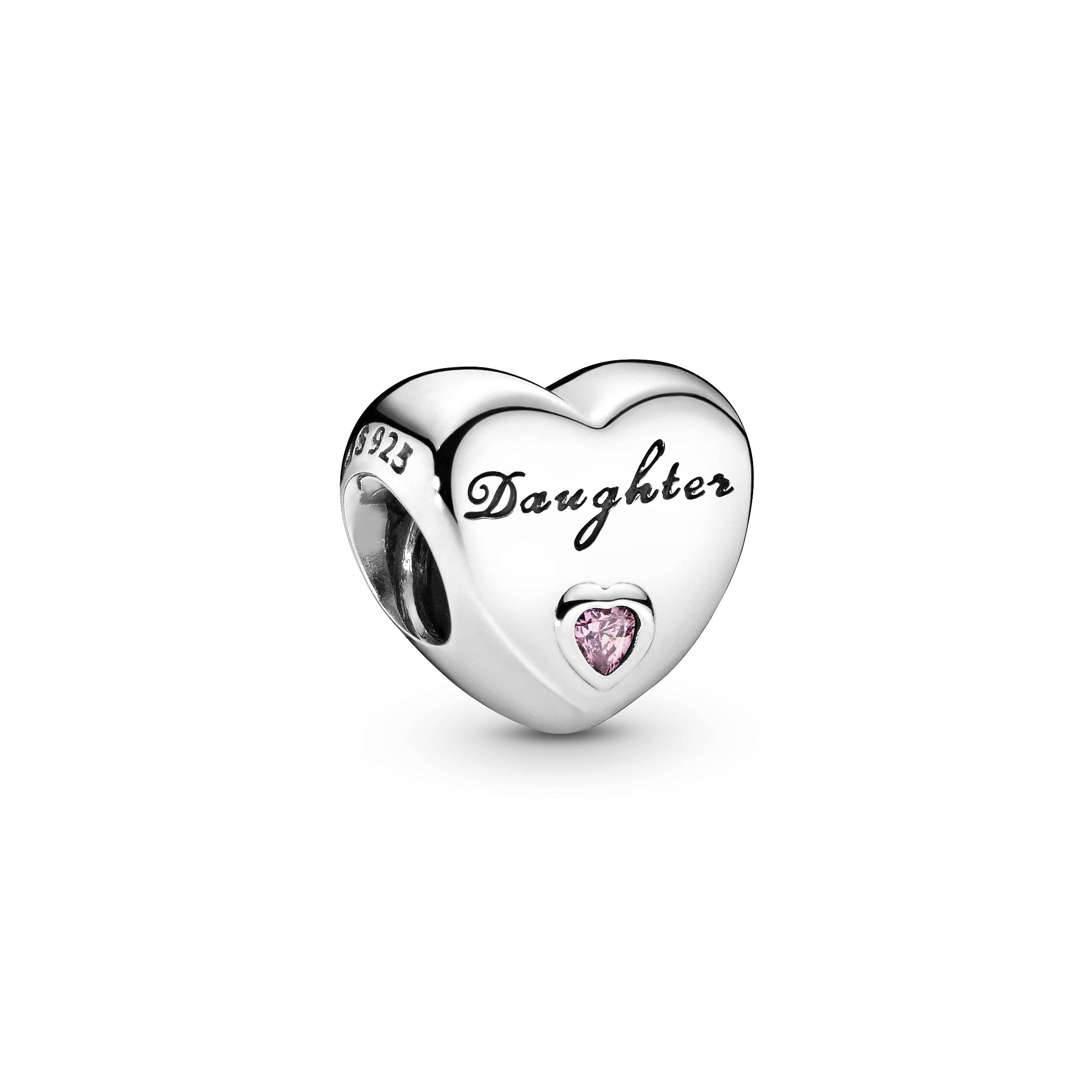Pandora Jewelry Daughter Heart Charm - Pink Cubic Zirconia Heart Charm for Pandora Charm Bracelets - Family Charm Perfect for Birthday Gift & More - Sterling Silver