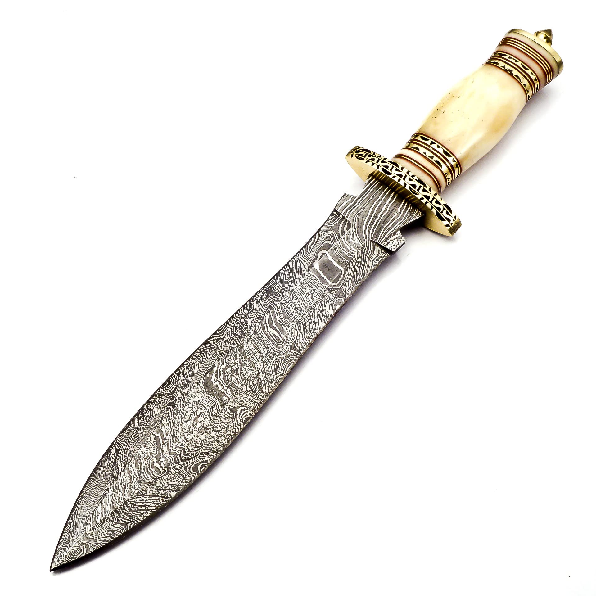 Damascus Steel Knife Handle Bone With Brass Guard A Beautiful Work Of Hunting Blade
