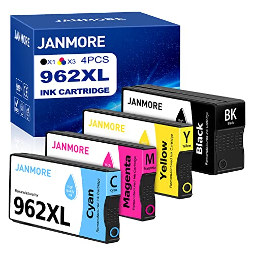 JANMORE Remanufactured Ink Cartridge Replacement for HP 962 962XL, Black Cyan Magenta Yellow, for HP OfficeJet Pro 9010, 9012, 9015, 9015e, 9018, 9019, 9020, 9025e, 9027, 9029 Printers (4 Pack)