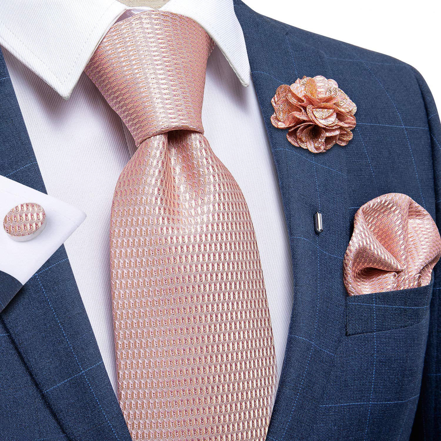 DiBanGu Mens Silk Tie and Bowtie Lapel Pin Tie Clip Set Paisley Solid Necktie and Pocket Square Cufflinks for Wedding Party, Blush Pink