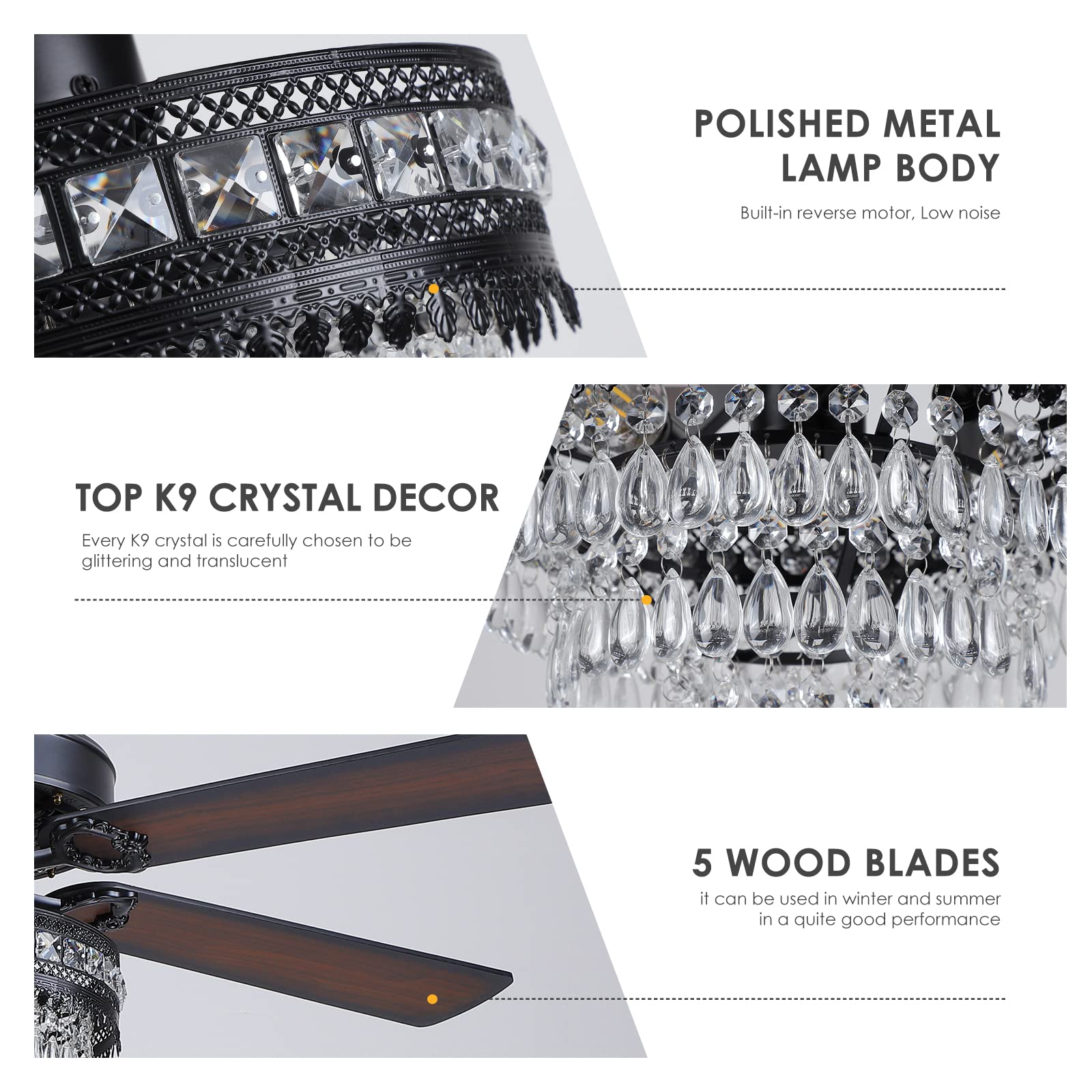 Crystal Ceiling Fan Fandelier with Lights - Modern Outdoor Fans with Remote Control,Noiseless AC Motor, Retro/Farmhouse Lighting, Dining Room, Living Room (52"