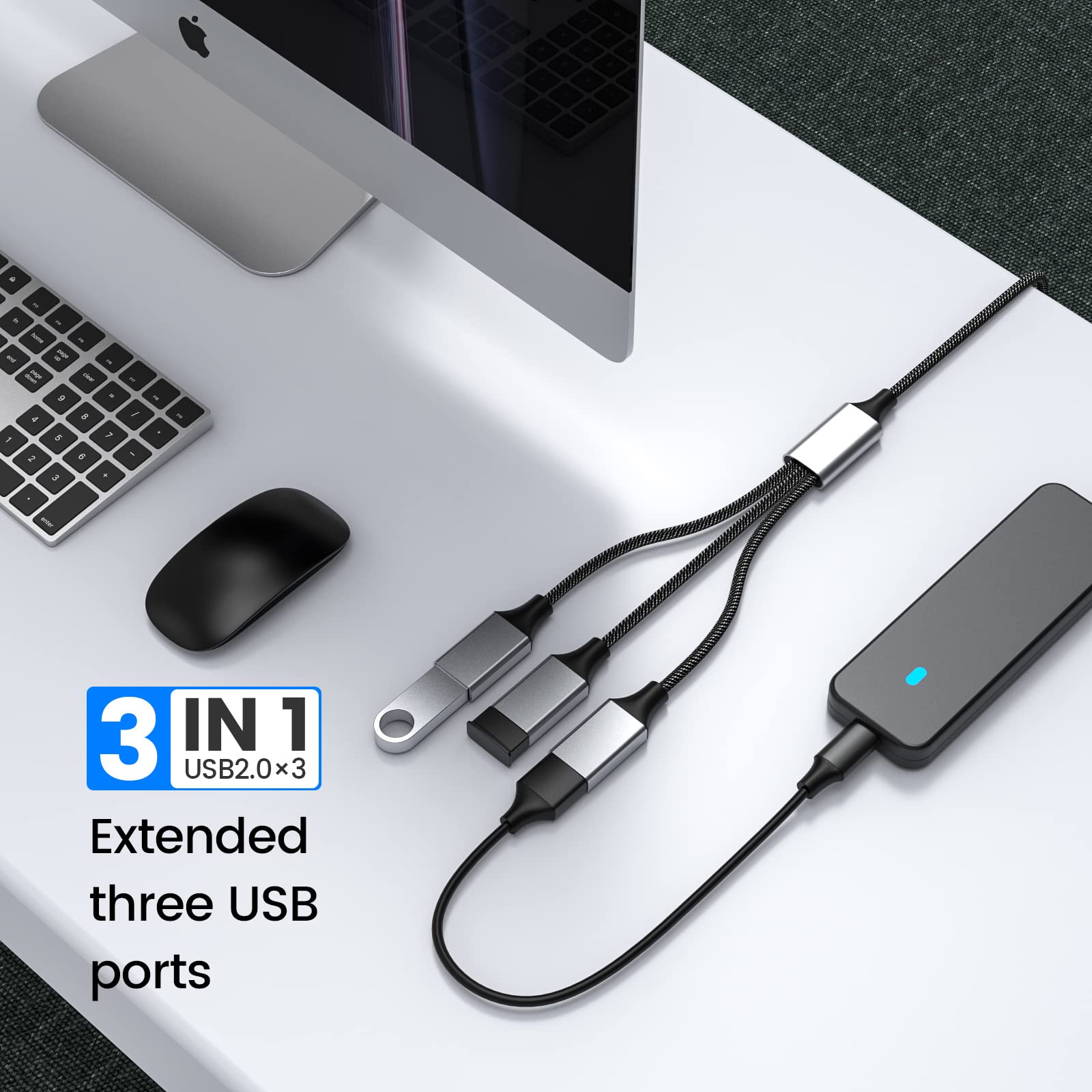 Fidioto USB Extension Cable, 4Ft Long USB Cable, USB Y Splitter 1 Male to 3 Female USB Adapter Compatible with Webcam, Camera, Phone, USB hub, Mouse, Keyboard, Printer, Hard Drive, Headset, Xbox