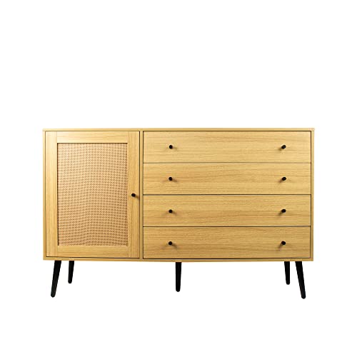 Mid-Century Sideboard Buffet Cabinet,Melpoemen Kitchen Storage Cabinet with Rattan Decorated Door and 4 Drawers,Liquor Cabinet, Dining Room, Hallway, Cupboard Console Table, Accent Cabinet,Natural