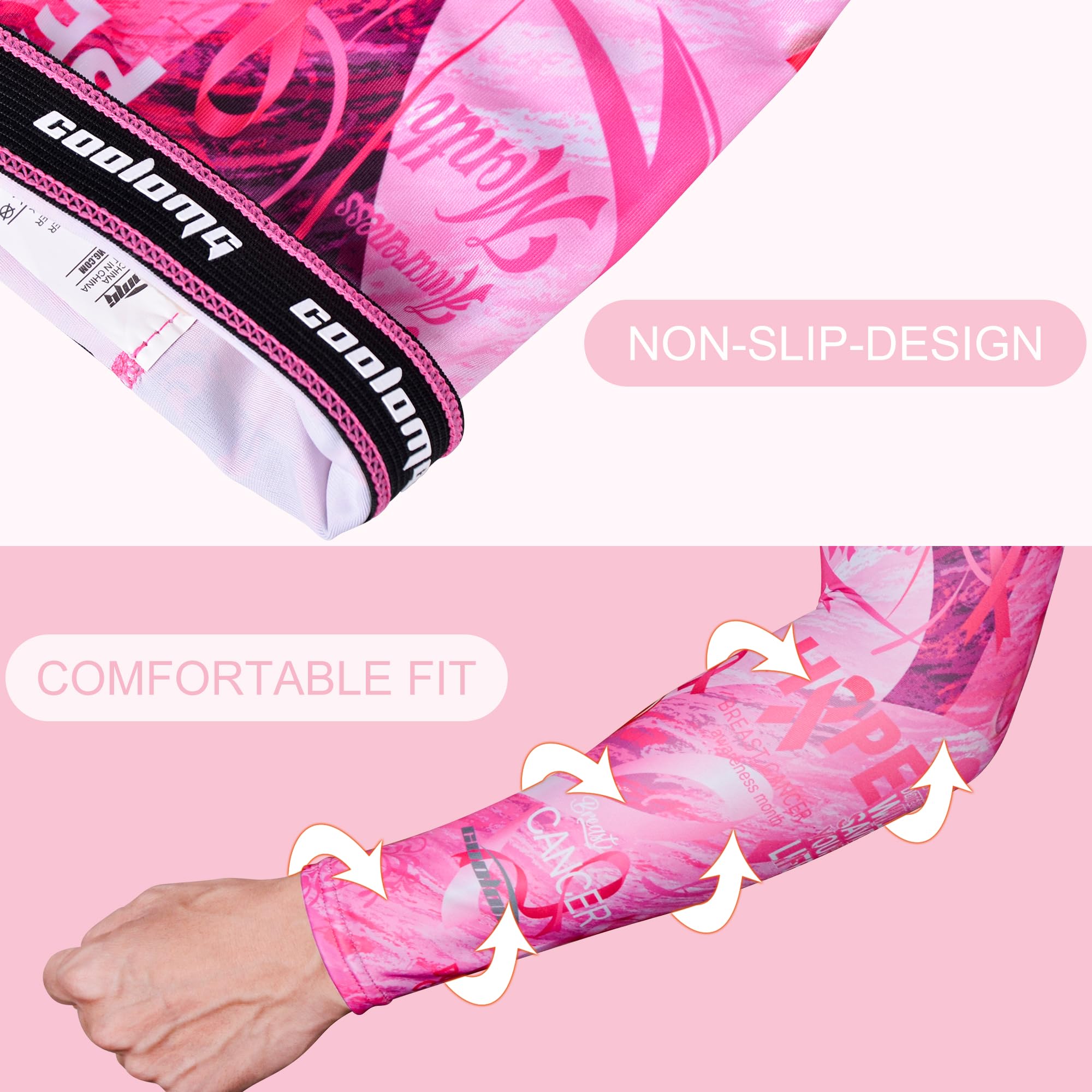COOLOMG Pink Arm Sleeves Breast Cancer Awareness Compression Sleeves for Baseball Football Basketball M