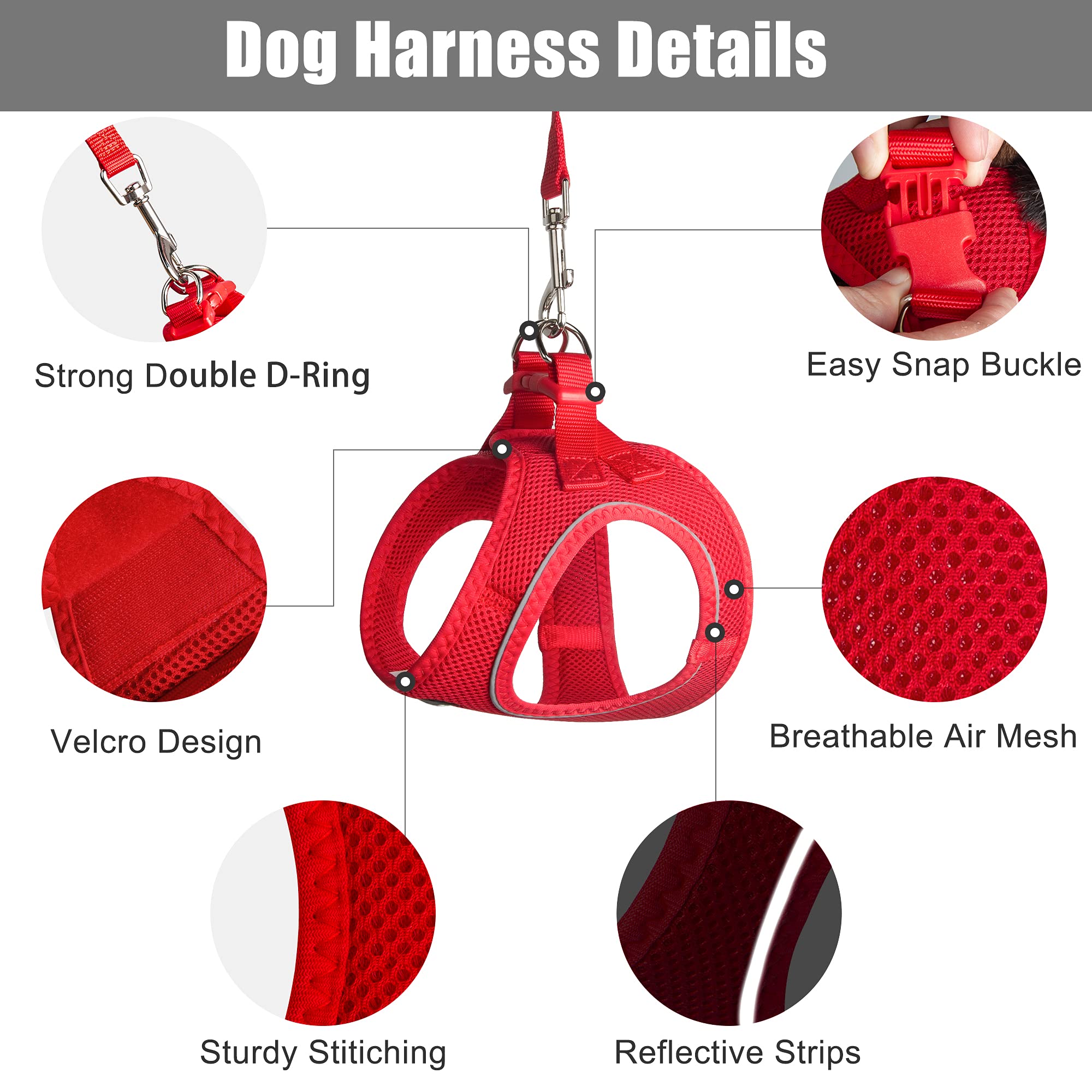 PetiFine Step in Small Dog Harness and Leash Set, Breathable All Weather Air Mesh Reflective Escape Proof, Step-in Vest Harnesses for Puppy(XS, Red)