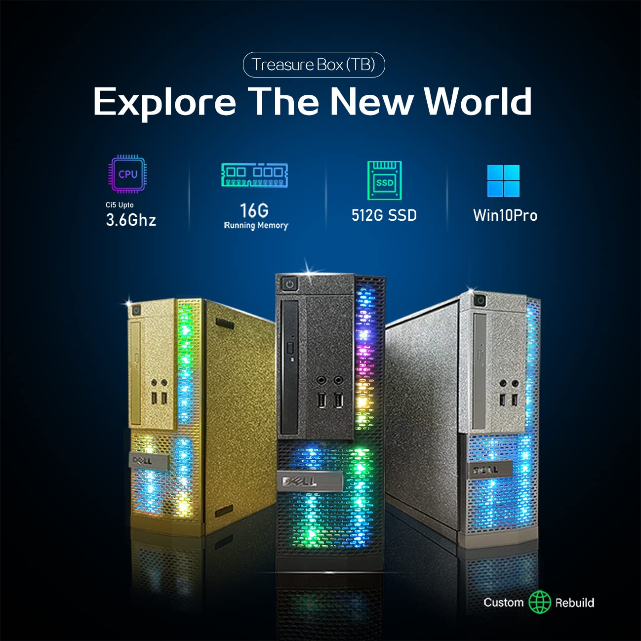 Dell PC Treasure Box RGB Desktop Computer Intel Quad Core I5 up to 3.6G, 16G, 512G SSD, WiFi & Bluetooth, RGB Gaming PC Keyboard & Mouse, DVD, Windows 10 Pro (Renewed) (Glamour Gold)