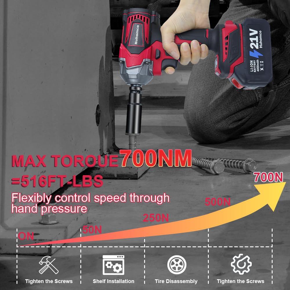 Huhomco 1/2" Impact Wrench Cordless, 3 in 1 Function, 21V 700N.m Battery Power Hammer Drill Brushless Screw Driver with 2pcs 4Ah Battery and Charger