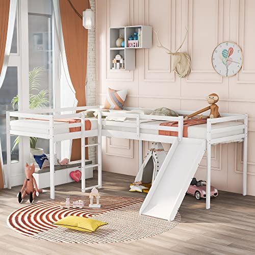 OPTOUGH L Shape Twin Size Loft Bed with Built-in Ladder and Slide,Wooden Low Loft-Bedframe for Kids,Teens,No Spring Box Need,White