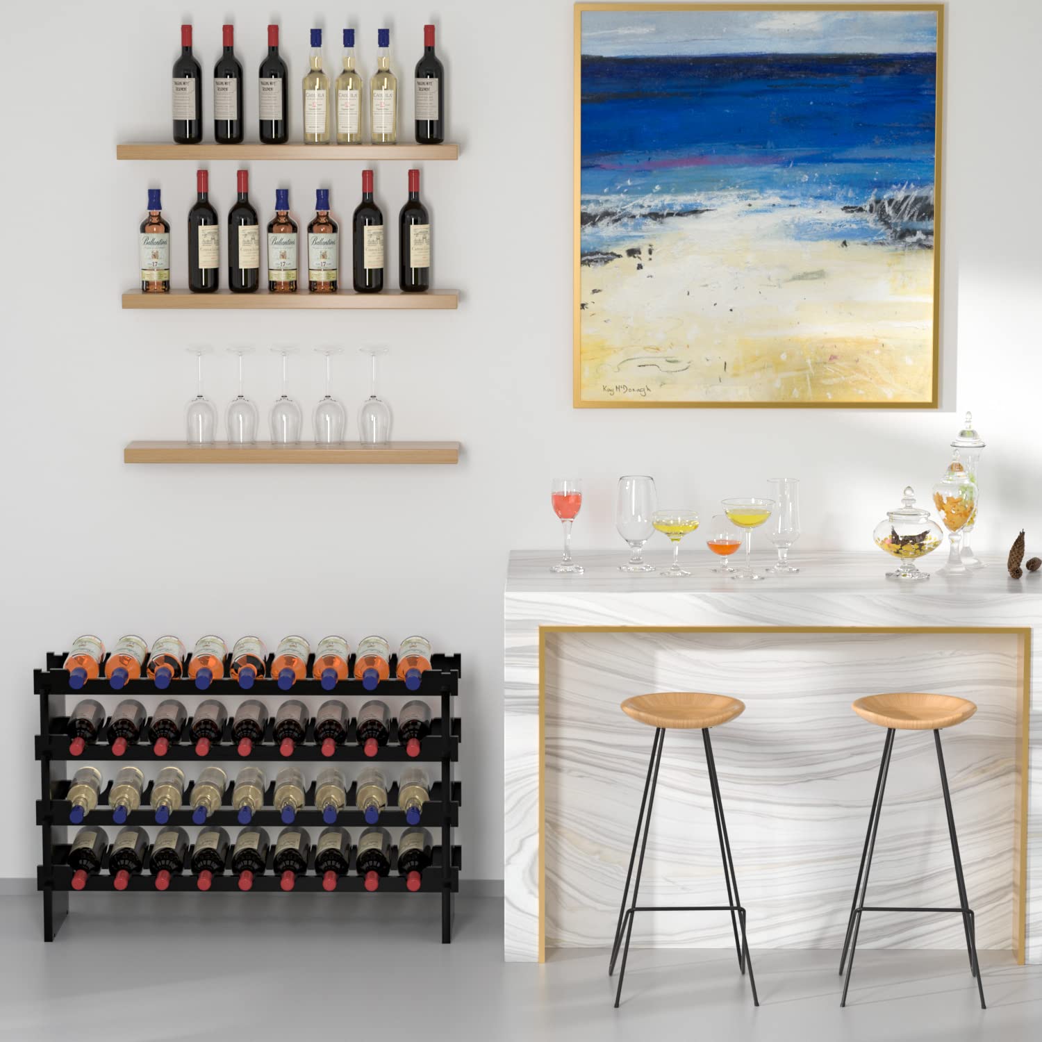 Domax Wine Rack Freestanding Floor - 4 Tiers Stackable Wine Rack 36 Bottle Wine Bottle Holder, Bamboo Wine Holder Wine Storage for Kitchen, Bar, Pantry, Wine Cellar and Countertop (Black)
