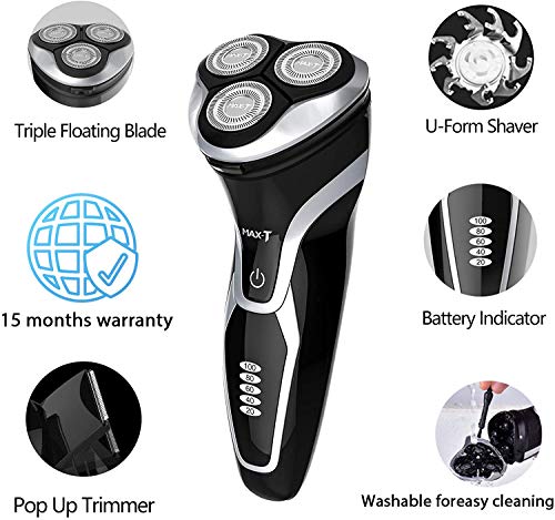 MAX-T Men Electric Razor, Rechargeable Wet & Dry Rotary Electric Shaver for Men (Black)