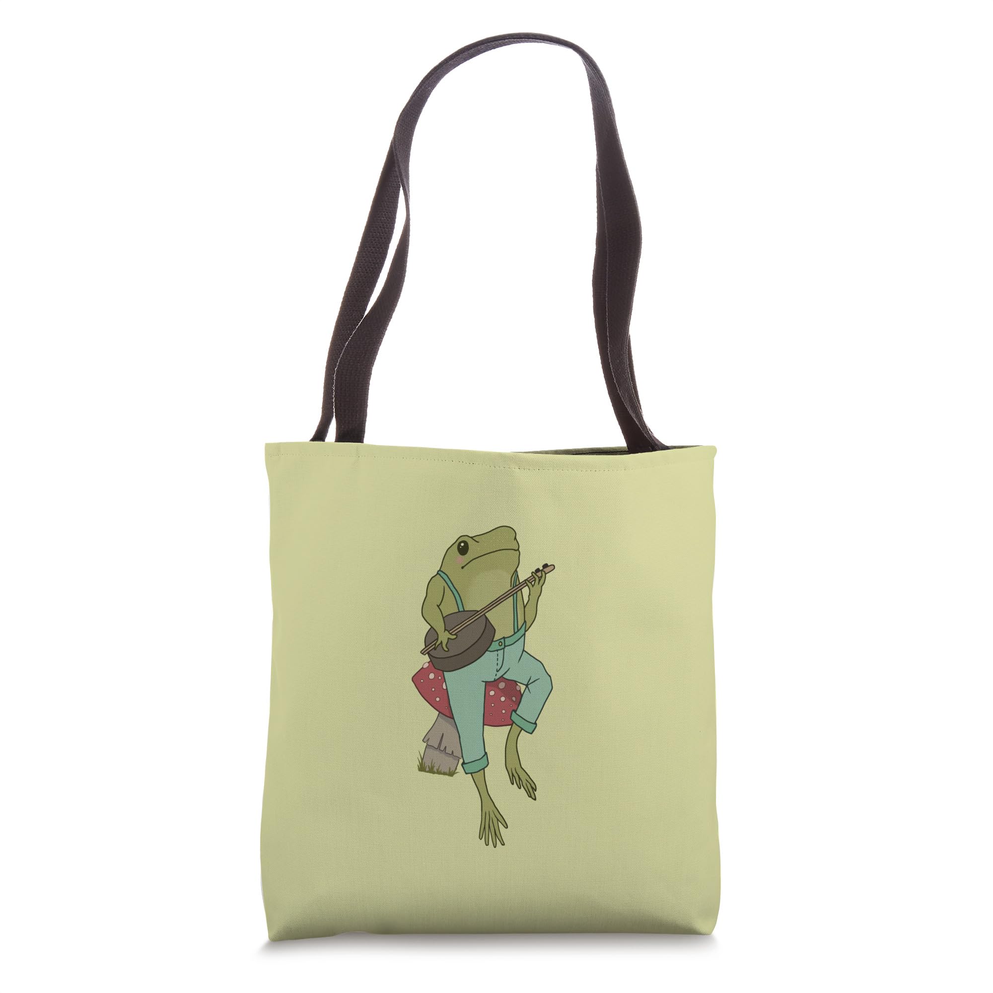 Cottagecore Frog - Cute Frog Playing Banjo on Mushroom Tote Bag
