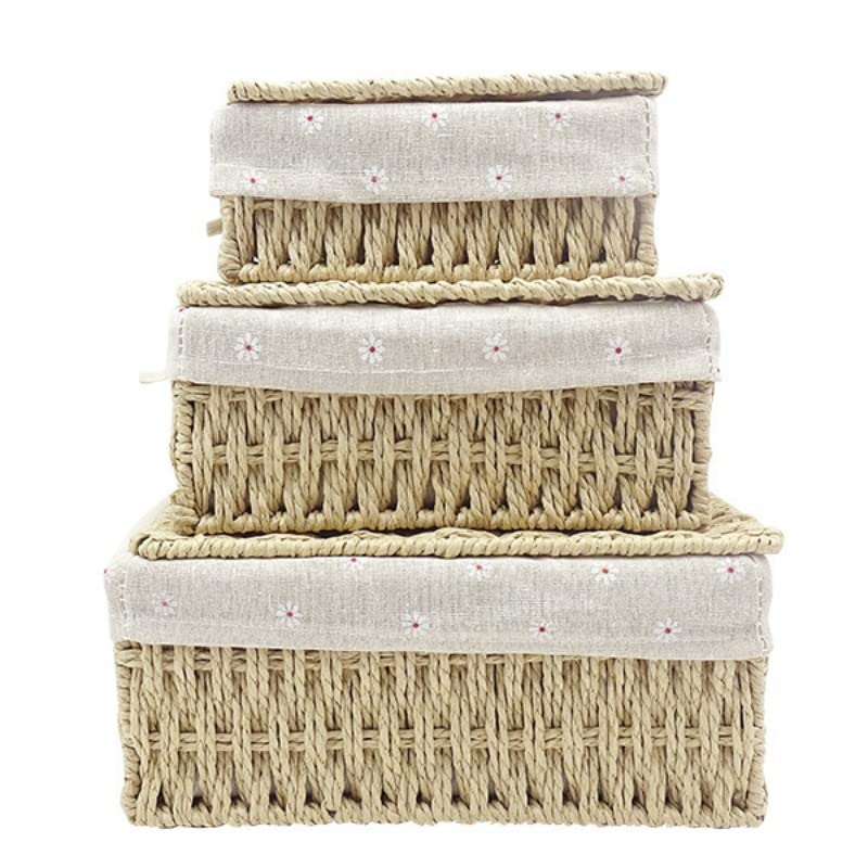 Straw Desktop Storage Basket Desktop Is Not Messy Used For Storage Of Daily Necessities Bedroom Kitchen Storage Box Cloth Art Dustproof Three-Piece Set (Beige)