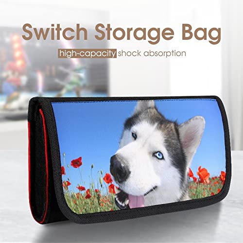 Funny Husky Dog Carrying Case Storage Holder Bag Printed Handbag for Switch Console Game and Slots Cards Accessories