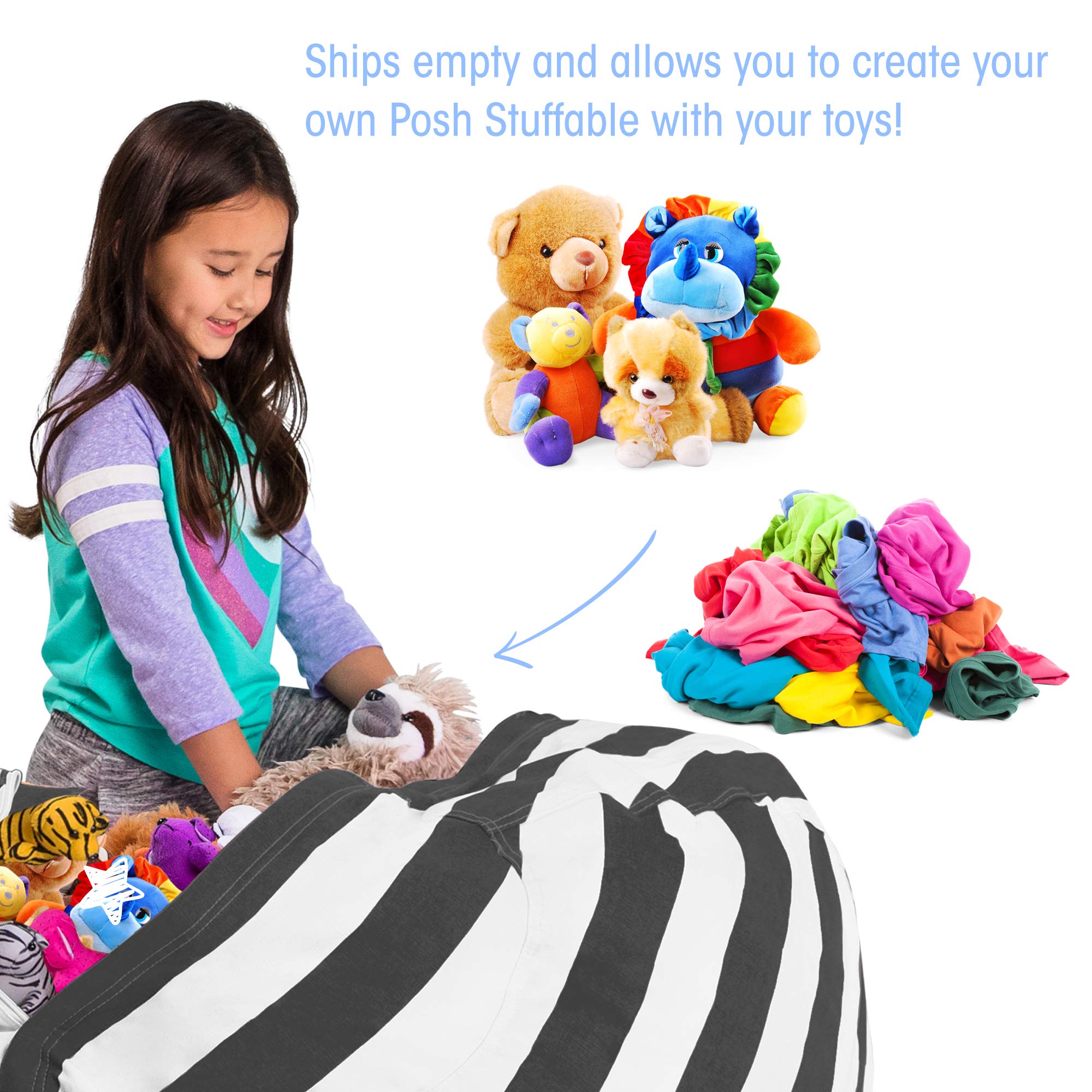 Posh Stuffable Kids Stuffed Animal Storage Bean Bag Chair Cover - Childrens Toy Organizer, X-Large 48" - Canvas Stripes Gray and White