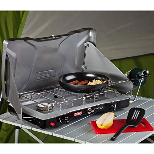 Coleman Triton+ 2-Burner Propane Camping Stove with Push-Button Instant Ignition, Portable Camping Grill/Stove with Adjustable Burners, Wind Guards, and 22,000 Total BTUs of Power