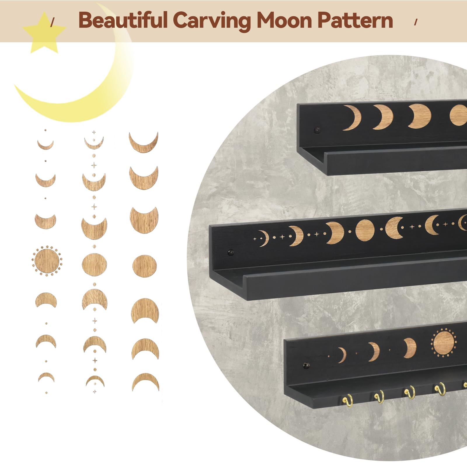 Crystal Shelf with Hooks Set of 3, Moon Shelf Display Wall Mount, Wood Floating Shelves for Celestial Decor and Room Decor, Crystal Display Shelf Holder for Stones, Essential Oils (Black)