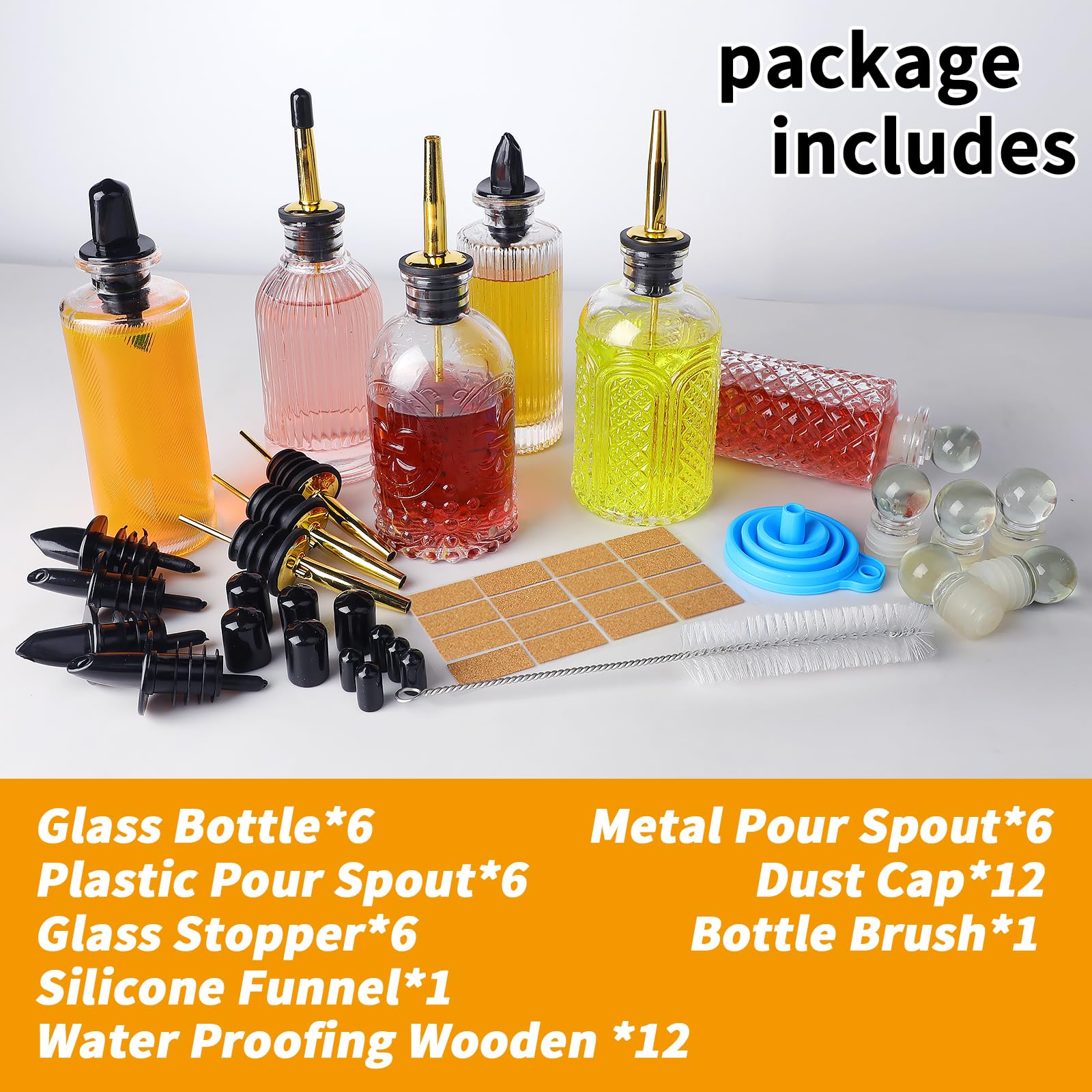 Coffee Syrup Dispenser Simple Small Glass Bottle 6 Pcs for Coffee Bar Accessories with Dust Lids Pour Spout, Glass Stopper, Cleaning Brush. Vanilla, Caramel, Syrup, Honey, Condiments Dispenser