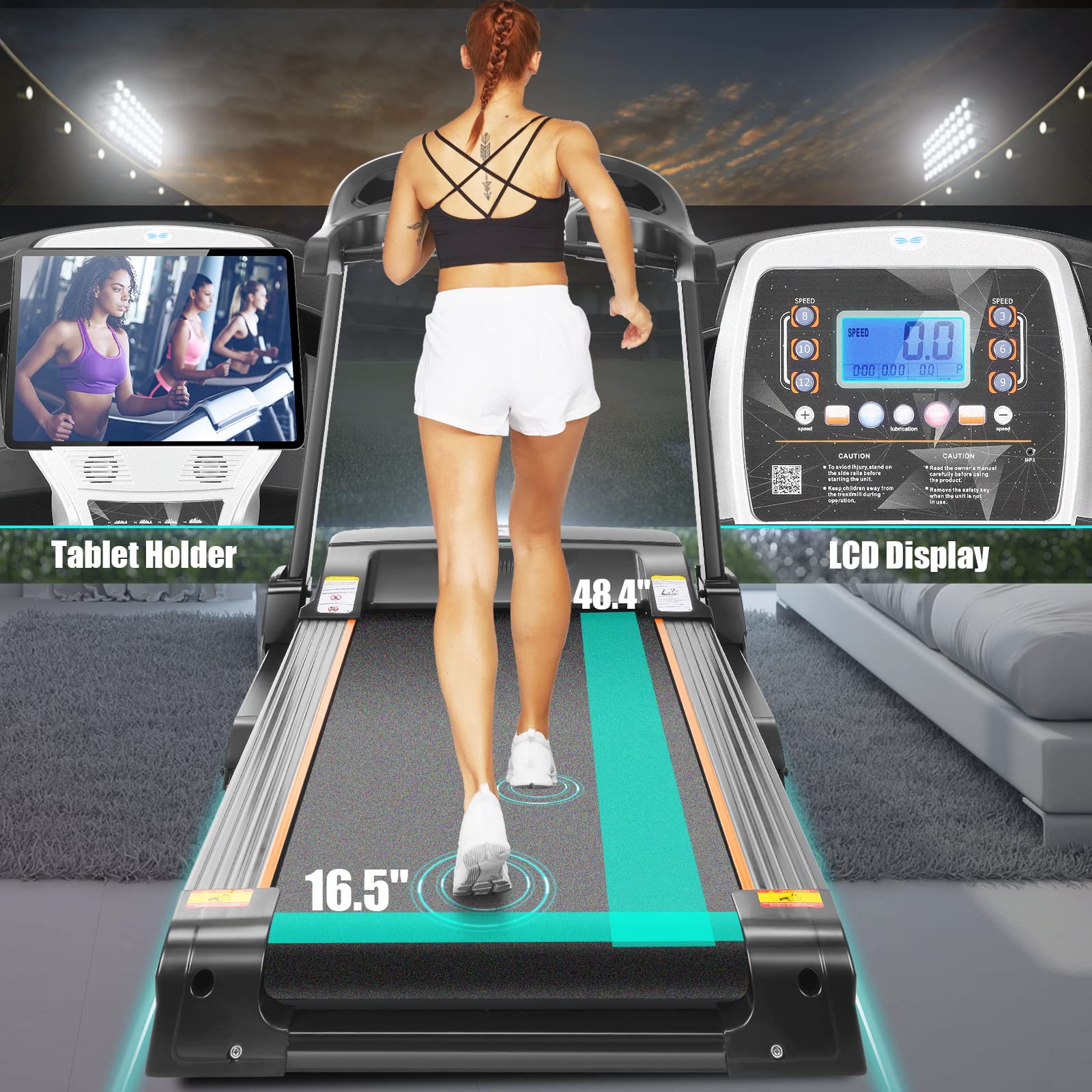 Electric Treadmill with Manual Incline, Treadmill with Long Wide Running Belt, 300 lbs Weight Capacity