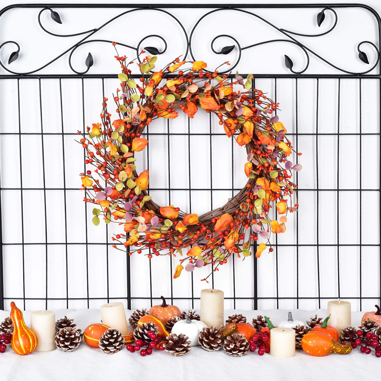 DearHouse Artificial Fall Wreath Red Berry Wreath,Clearance 18 inch Fall Maple Leaf Wreath for Front Door Fall Decorations