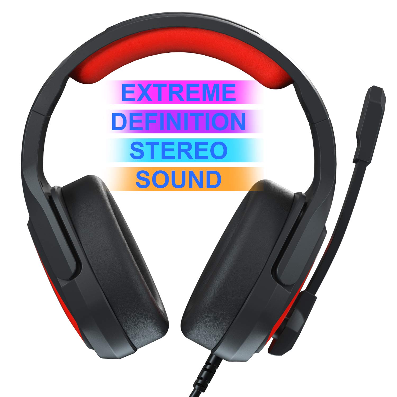Computer Over Ear Headphones Wired with Microphone - Stereo Headset Gaming Headsets with Soft Memory Earmuffs, Noise Canceling, 3.5mm Audio-Jack for Multi-Platforms (Black Red)