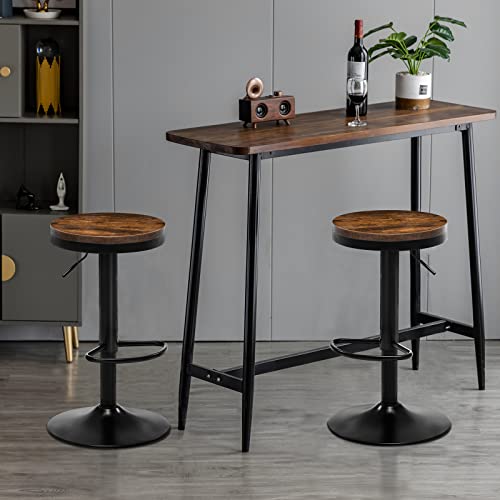 LERYAY Wooden Barstools Bar Stools Set of 2 Height Adjustable Bar Stools Swivel Barstool Industurial Counter Stools with Black Metal Base