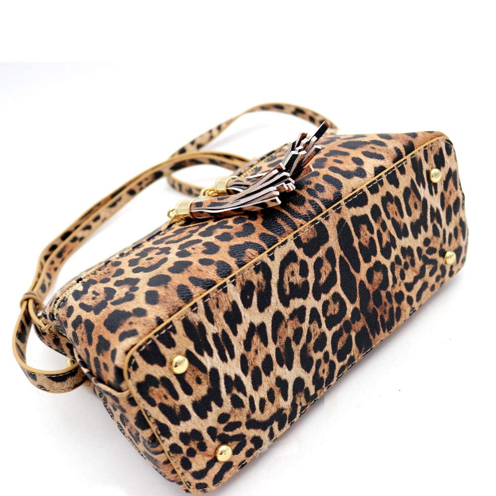 Trendeology Leopard Print Front Pocket Compartment Vegan Leather Dome Crossbody Purse Bag (Leopard3 - Tan) Medium
