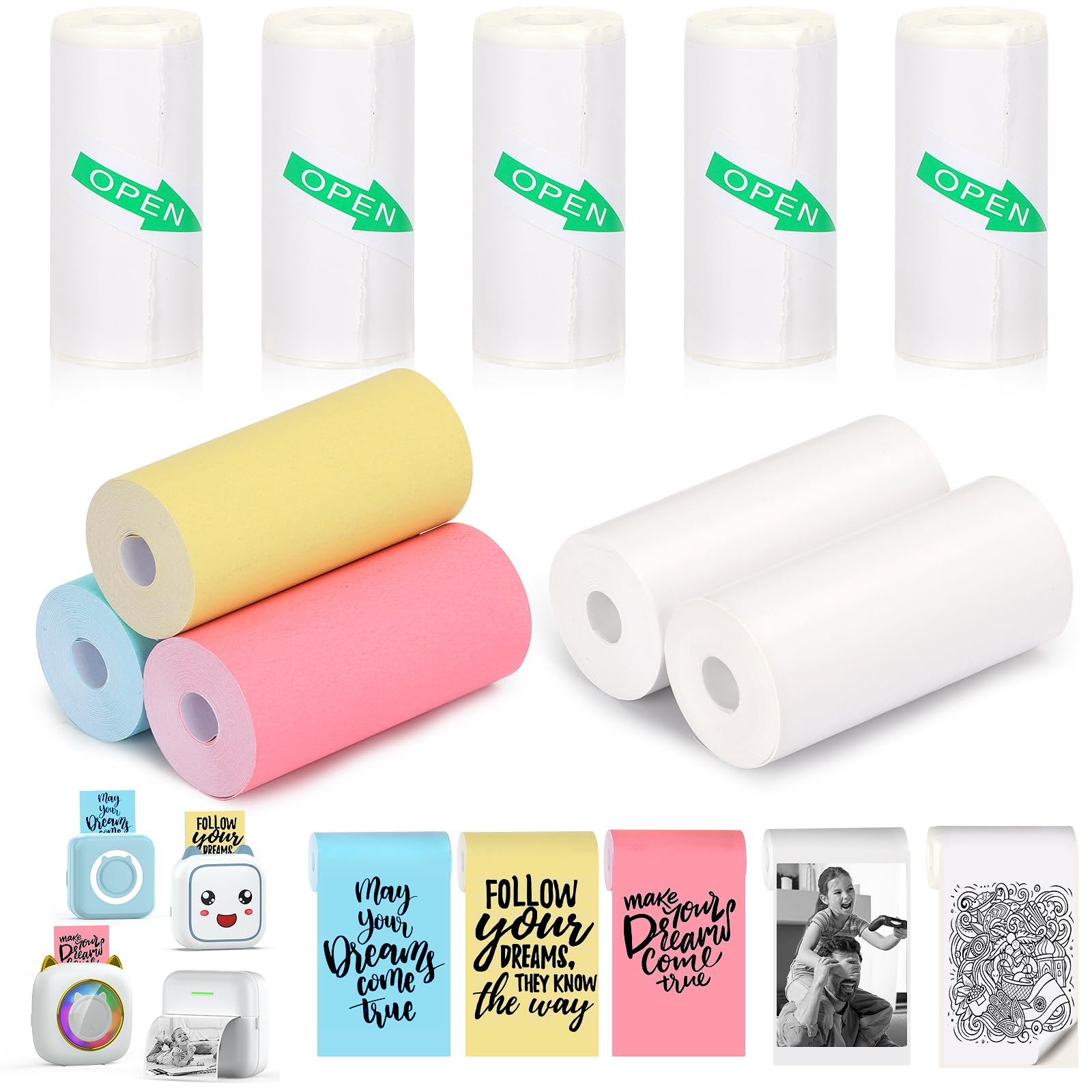 HUIJUTCHEN 10 Rolls Thermal Mini Printer Paper for Inkless Mini Printer, 5 Rolls Thermal Sticky Paper & 5 Rolls Thermal Plain Paper, 57X25mm, for Notes Journal Memo Photo Study