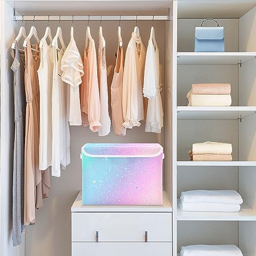 Large Collapsible Storage Bins with Lids, Unicorn Background with Rainbow Storage Baskets Organizer Containers with Handles for Nursery Clothes Toys